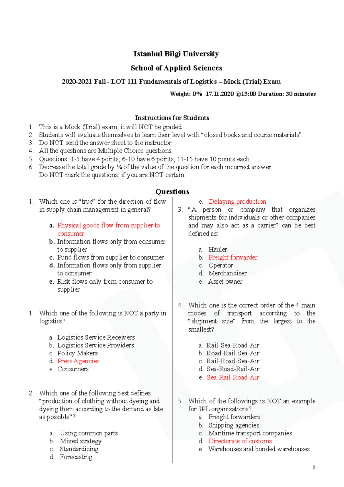 LOT 111 Fundamentals OF Logistics Trial-MOCK EXAM WITH Answers October ...