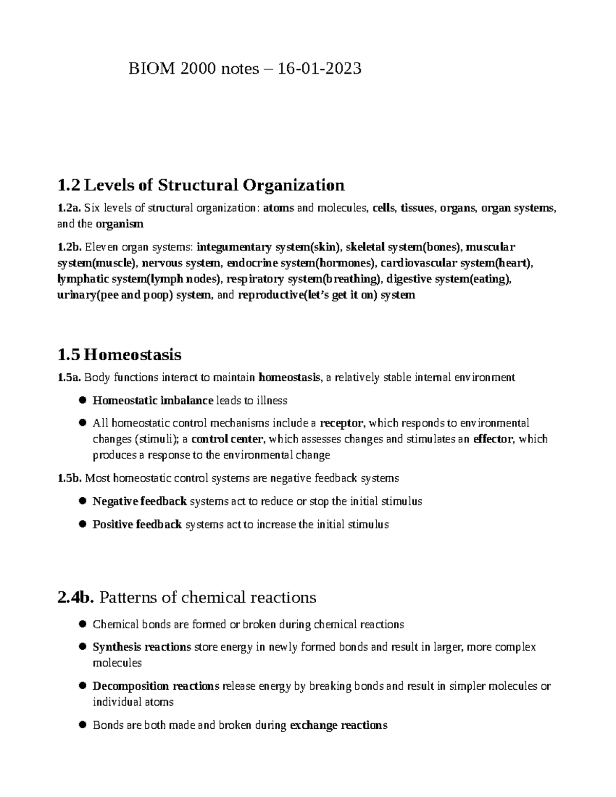 BIOM2000 1.16.2023 Notes for Quiz 1 - BIOM 2000 notes – 16-01- 1 Levels ...