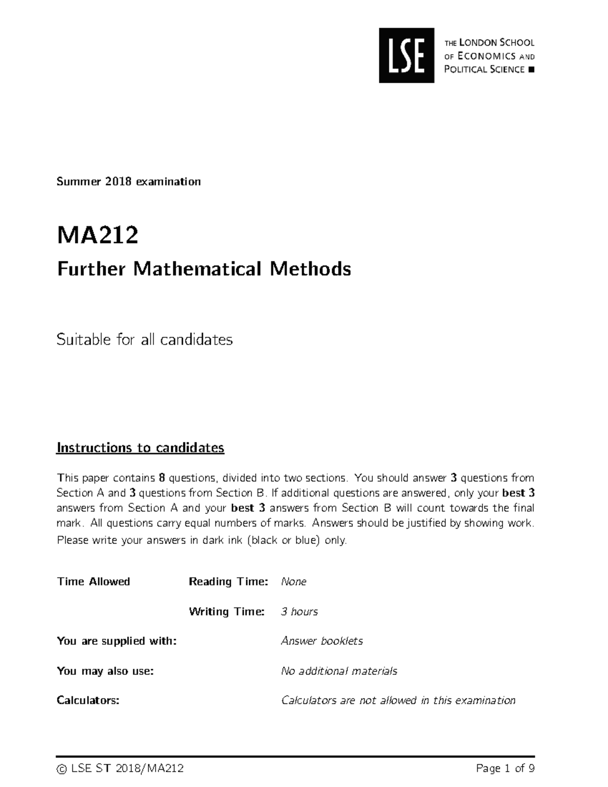 MA212 2018 - Summer 2018 examination MA Further Mathematical Methods ...