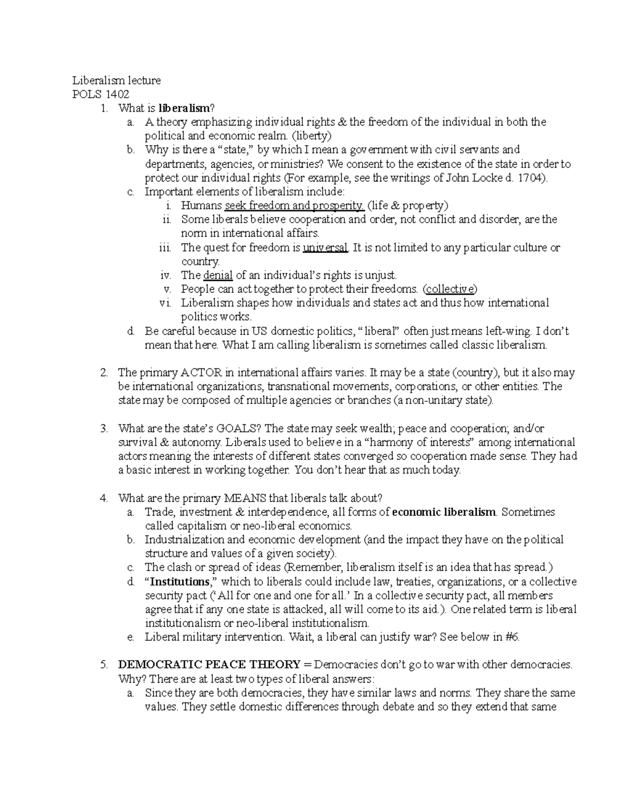 Liberalism Notes - Google Docs - Liberalism lecture POLS 1402 1. What ...