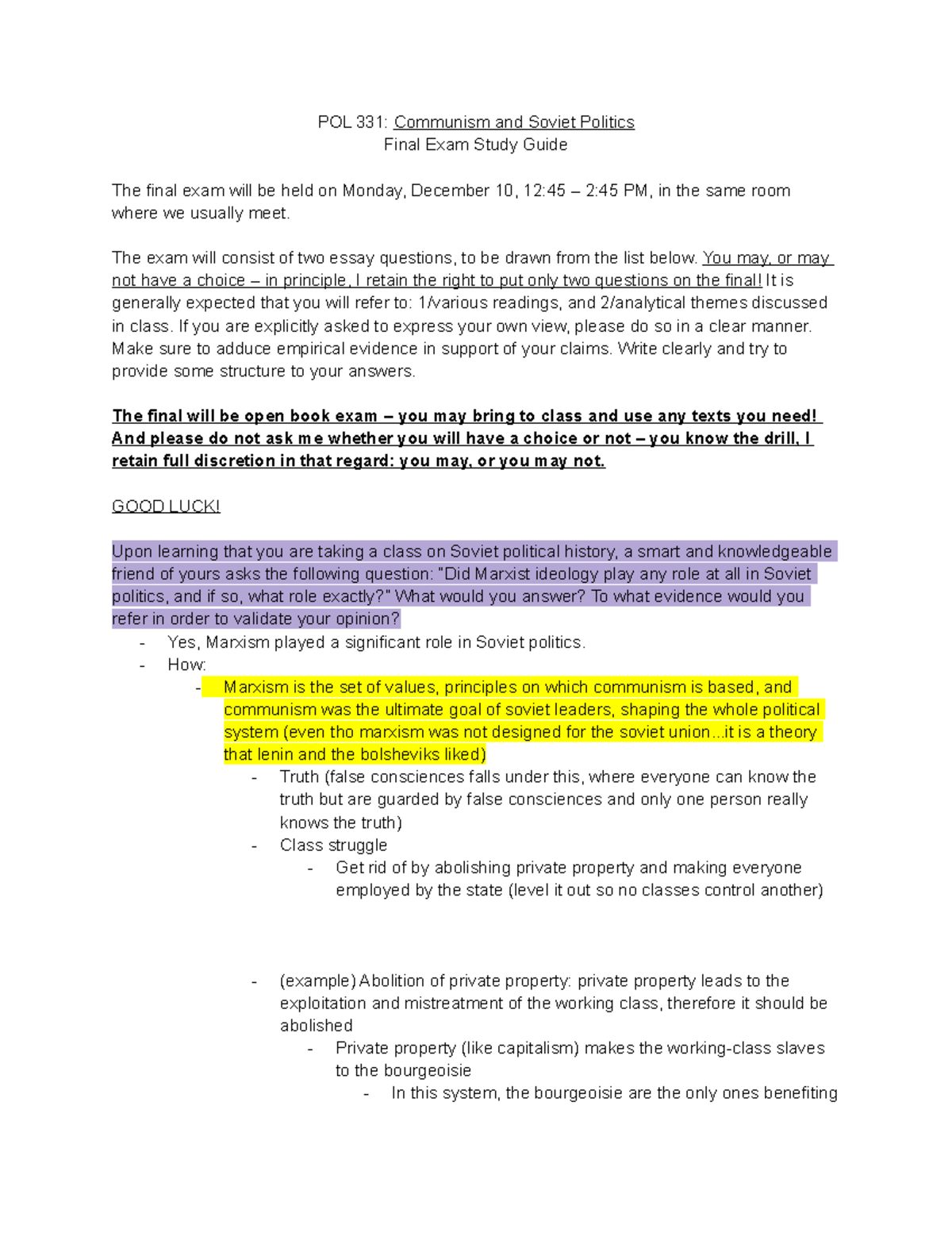 POL 331 - Final Exam Study Guide - POL 331: Communism and Soviet Politics Final Exam Study Guide ...