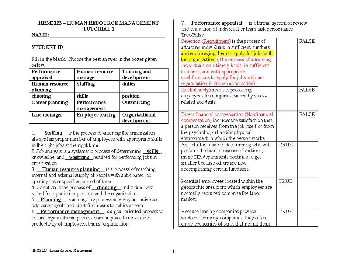 HRM 2123 Introduction to Human Resource Management (Tutorial 1 ...