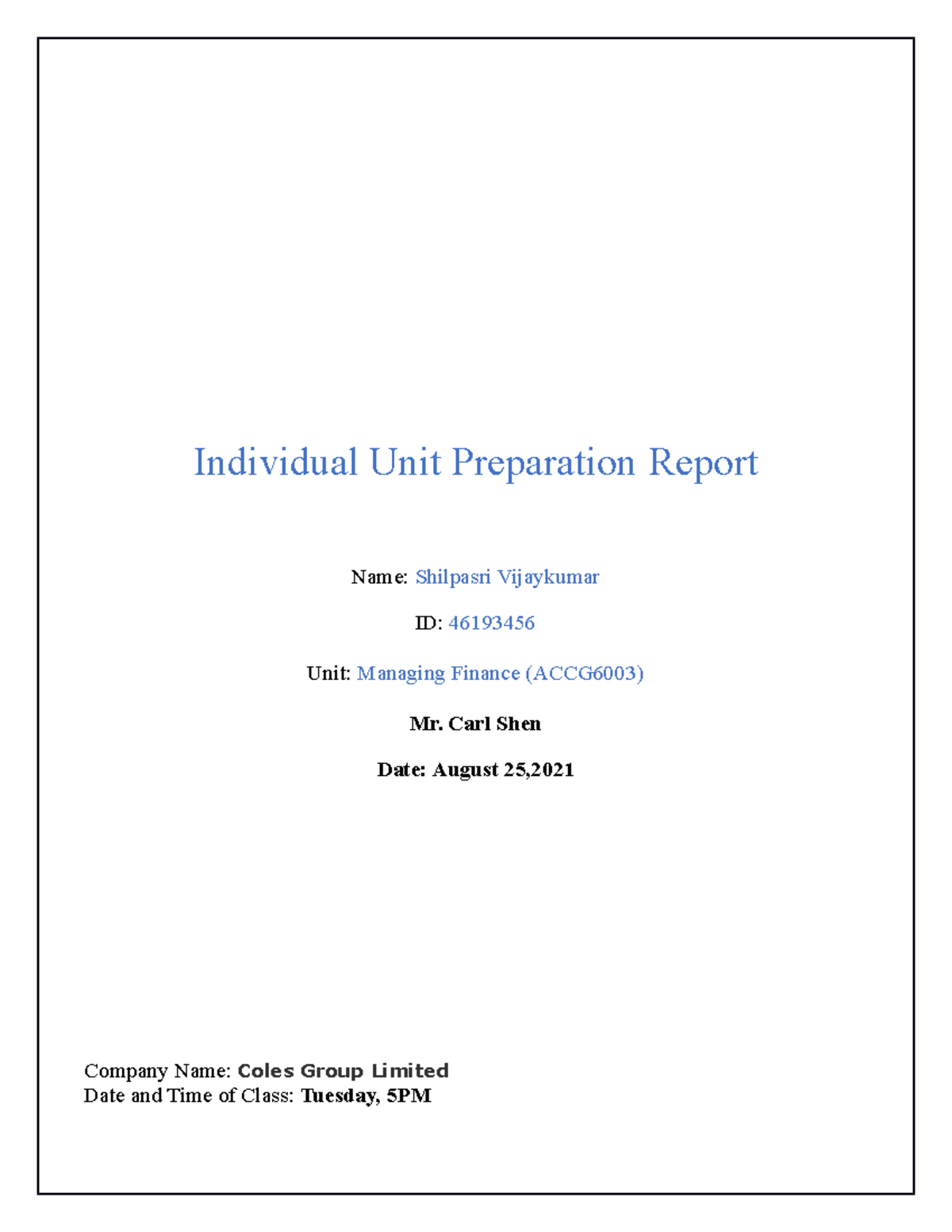 Individual Unit Preparation Report - financial analysis Shilpasri V ...