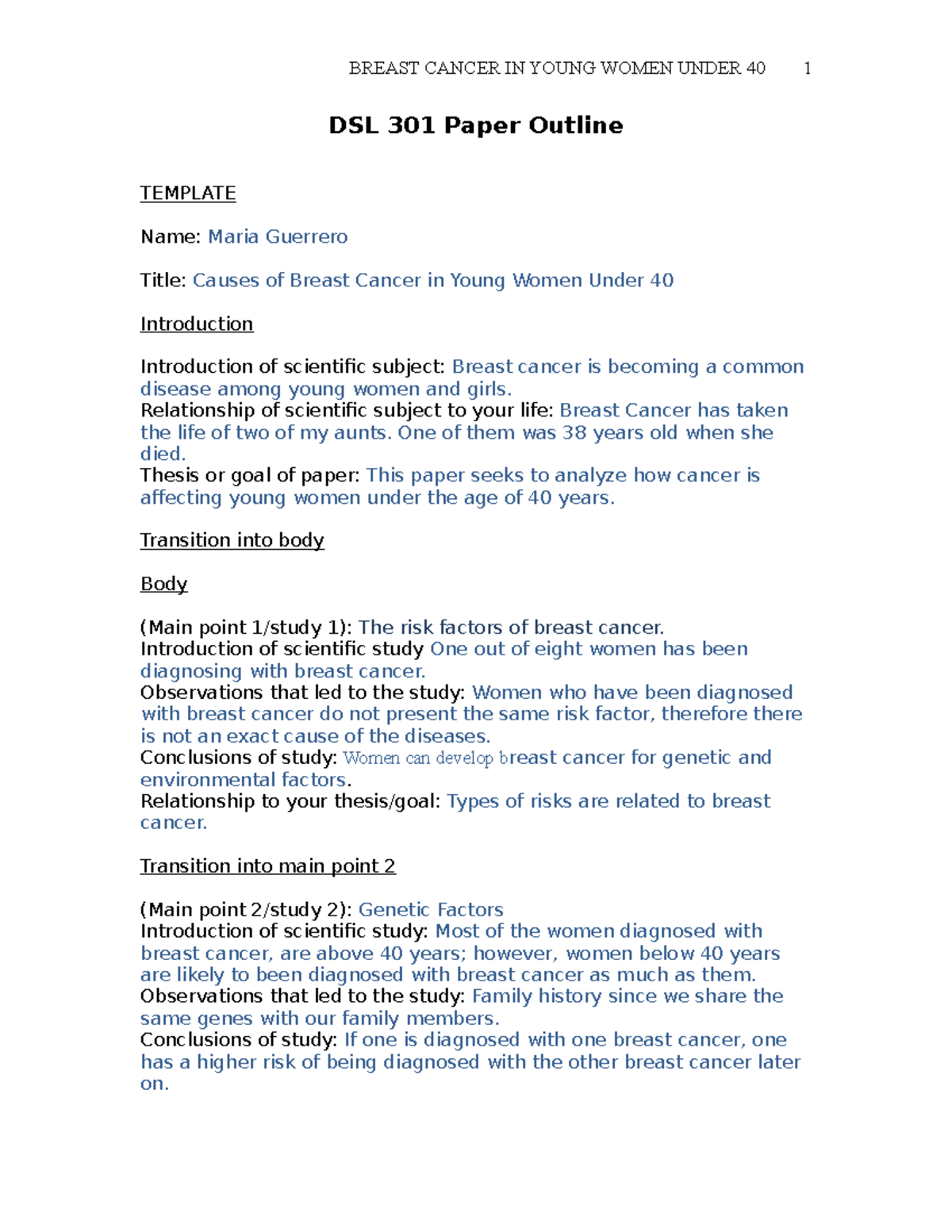 Paper Outline Part 1 - BREAST CANCER IN YOUNG WOMEN UNDER 40 1 DSL 301 ...