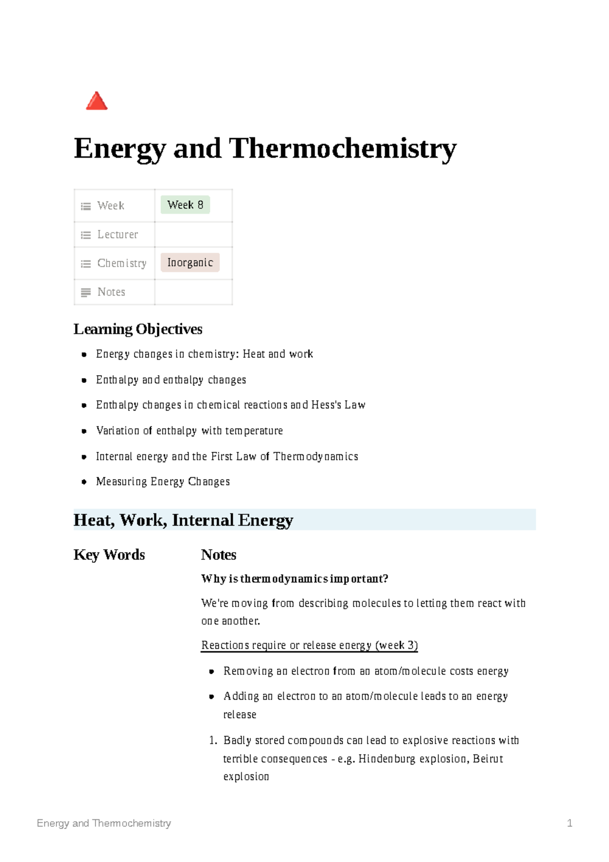 CHEM10003 - Energy and Thermochemistry Notes - ( Energy and ...