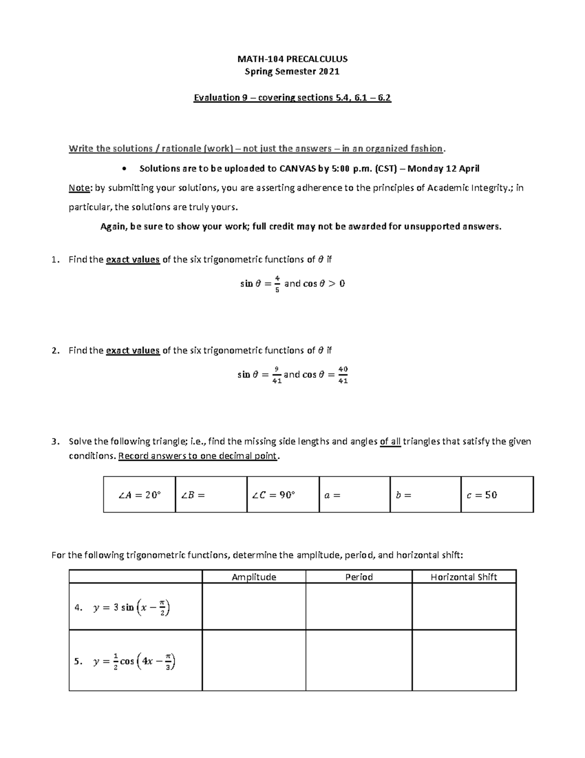 Math104-Evaluation 9-Spr2021-11 - MATH-104 PRECALCULUS Spring Semester ...