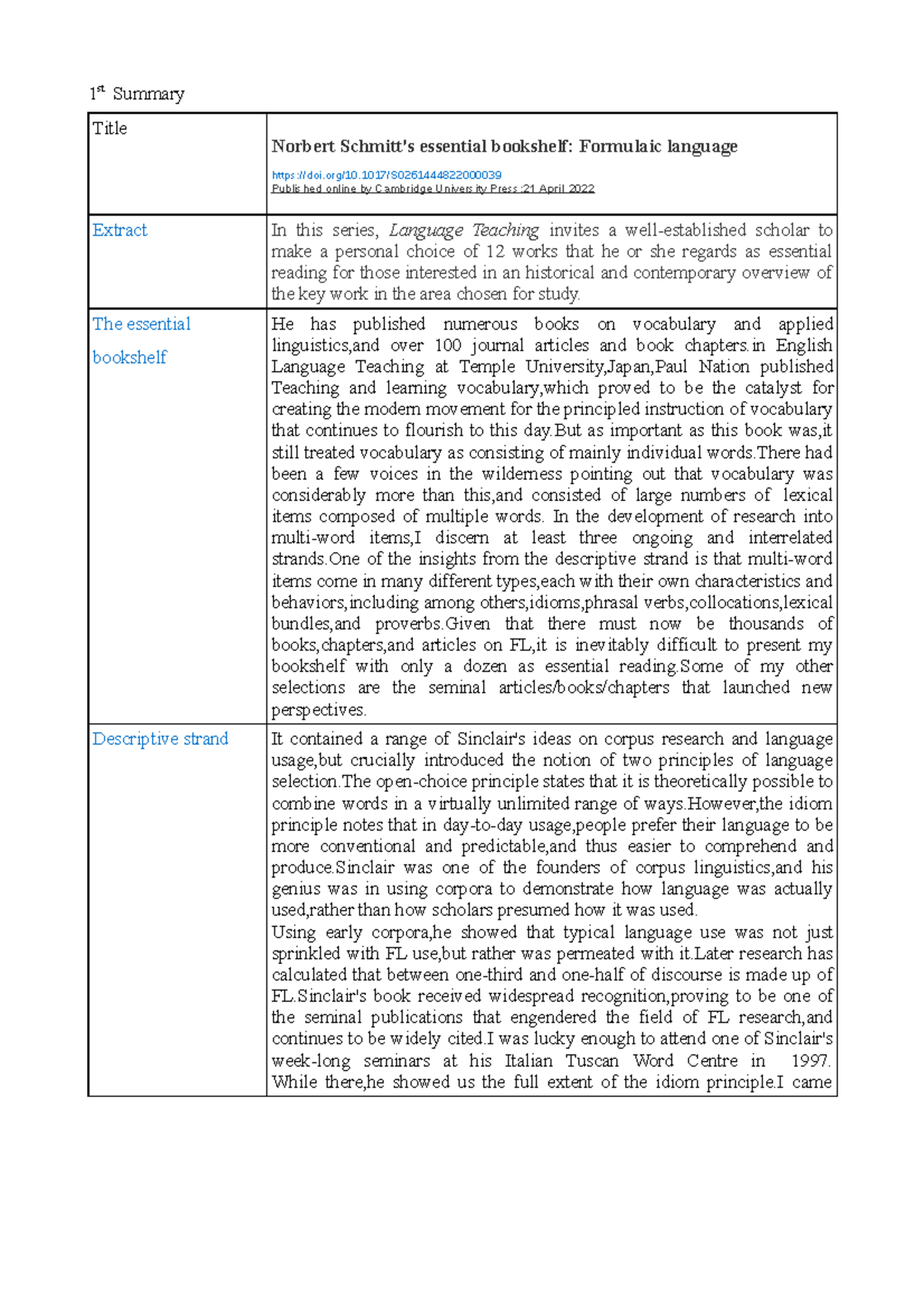 1st Summary - 1 st Summary Title Norbert Schmitt's essential bookshelf: Formulaic language - Studocu
