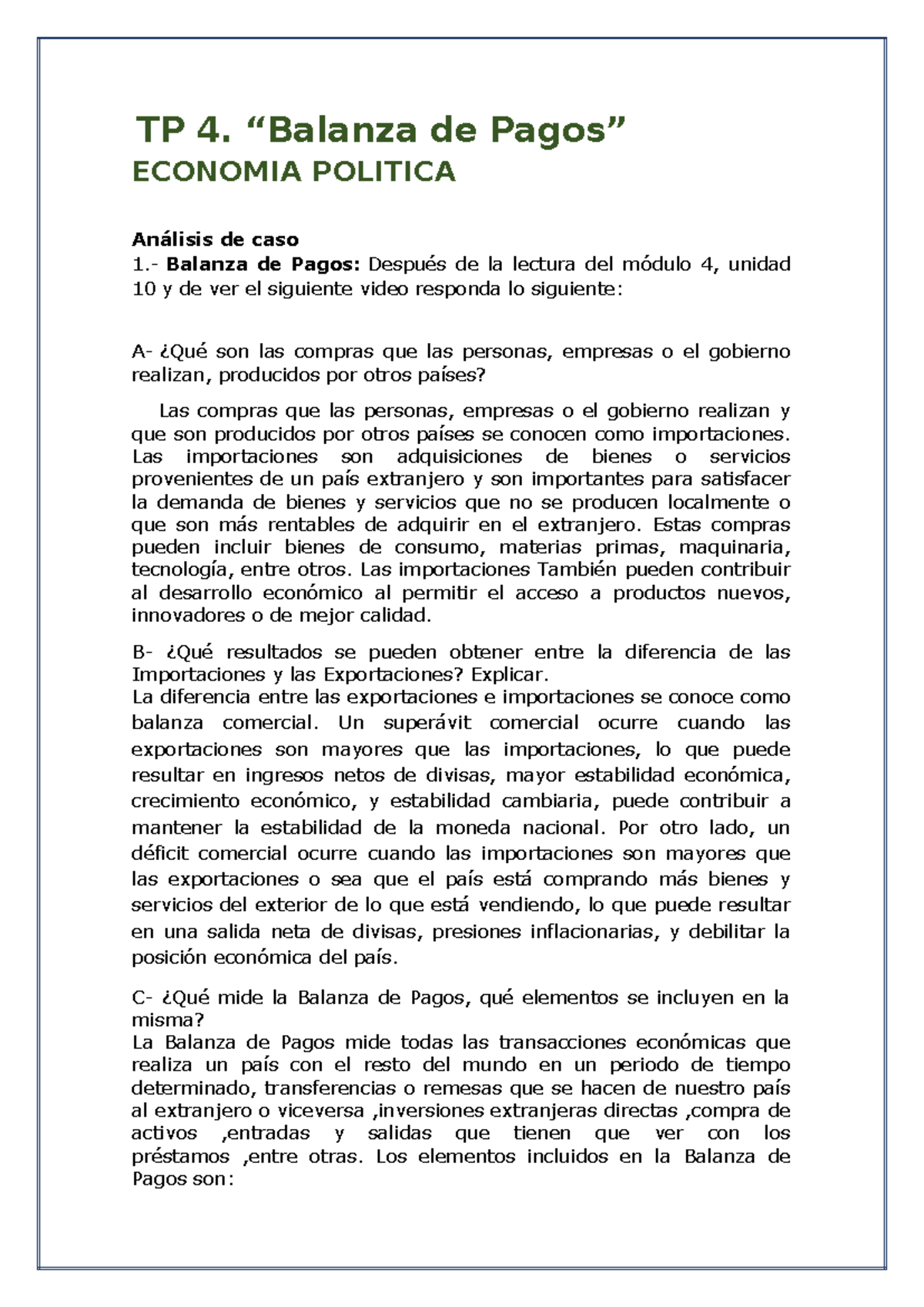 Actividad N°4 DE Economia Politica - TP 4. “Balanza de Pagos” ECONOMIA ...