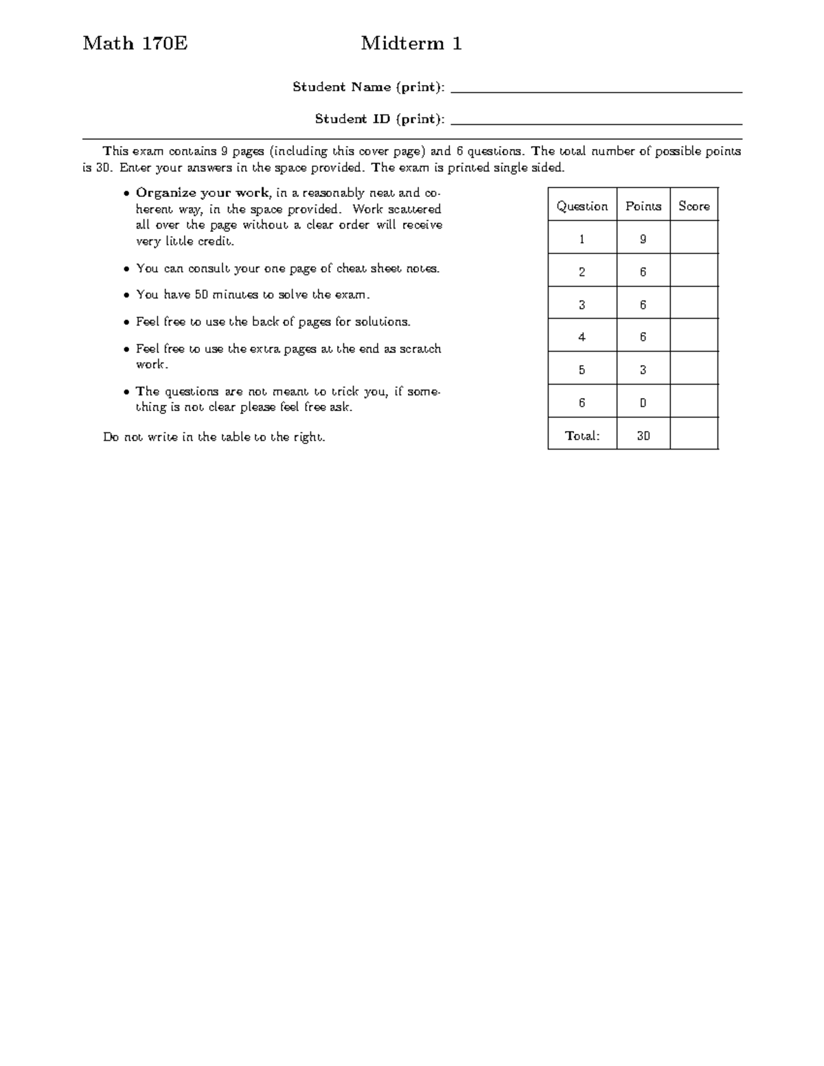 170E Midterm 1 solutions - Math 170E Midterm 1 Student Name (print ...