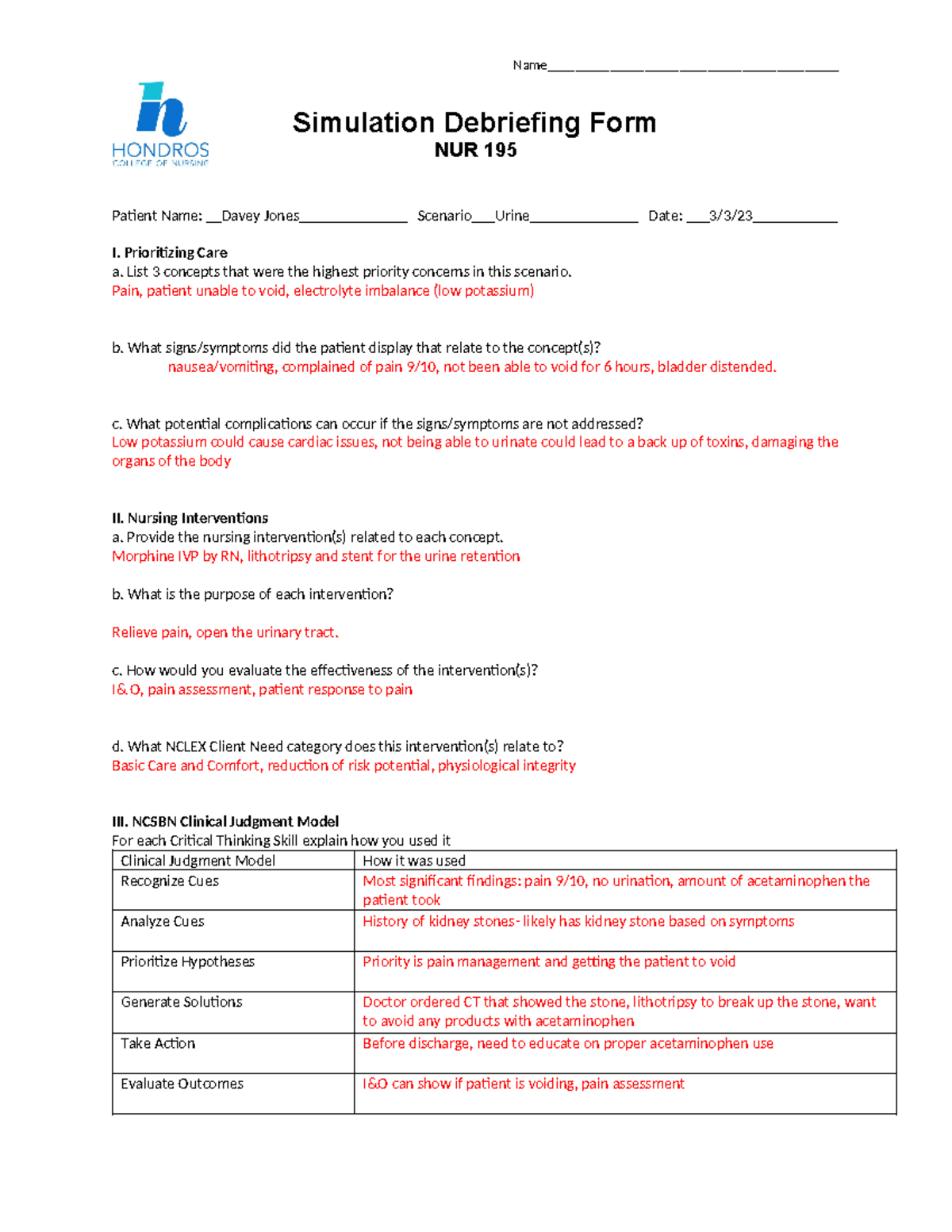 Simulation Debriefing Form Example - Simulation Debriefing Form NUR 195 ...