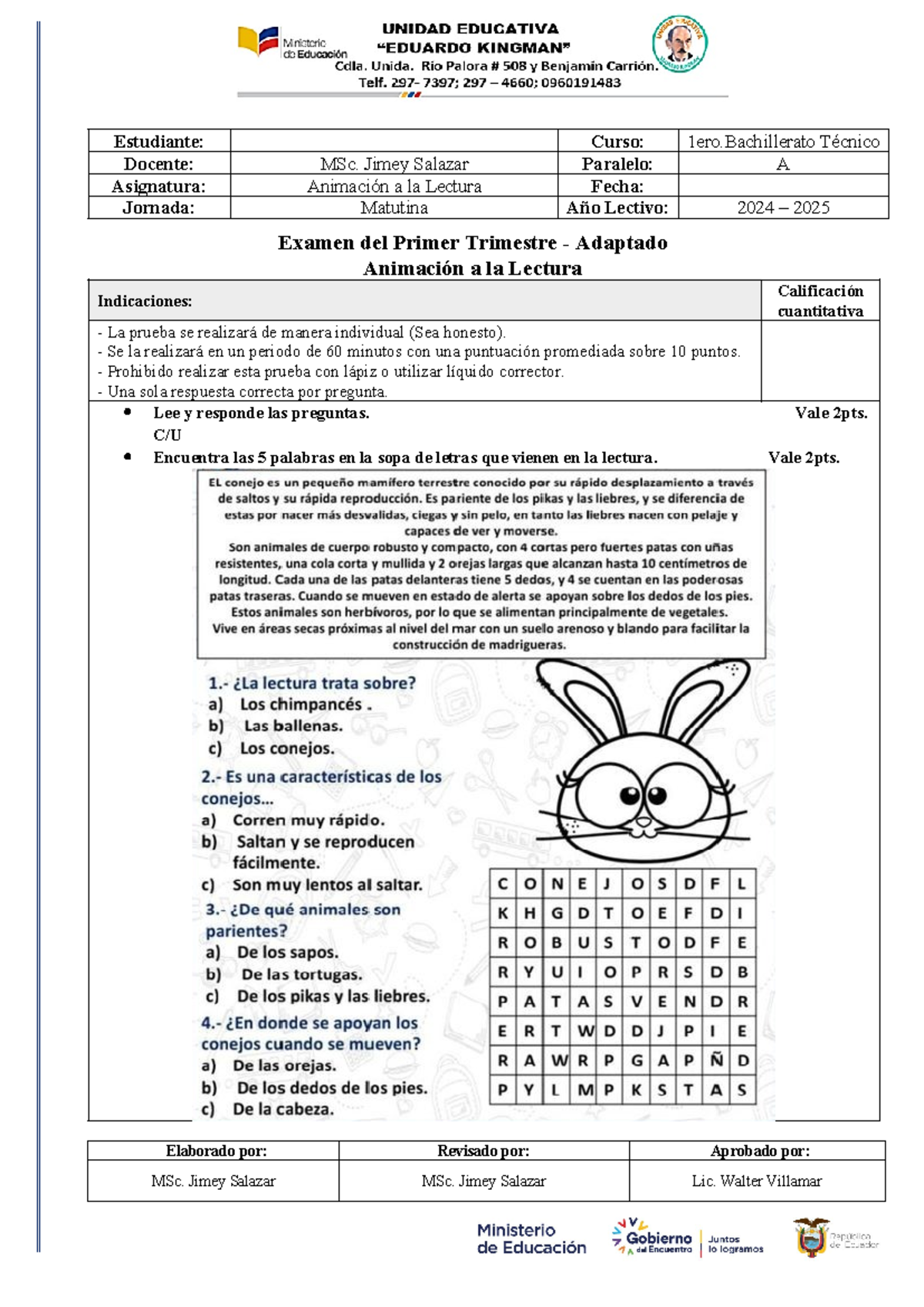 Lectura NEE - Estudiante: Curso: 1ero Técnico Docente: MSc. Jimey ...