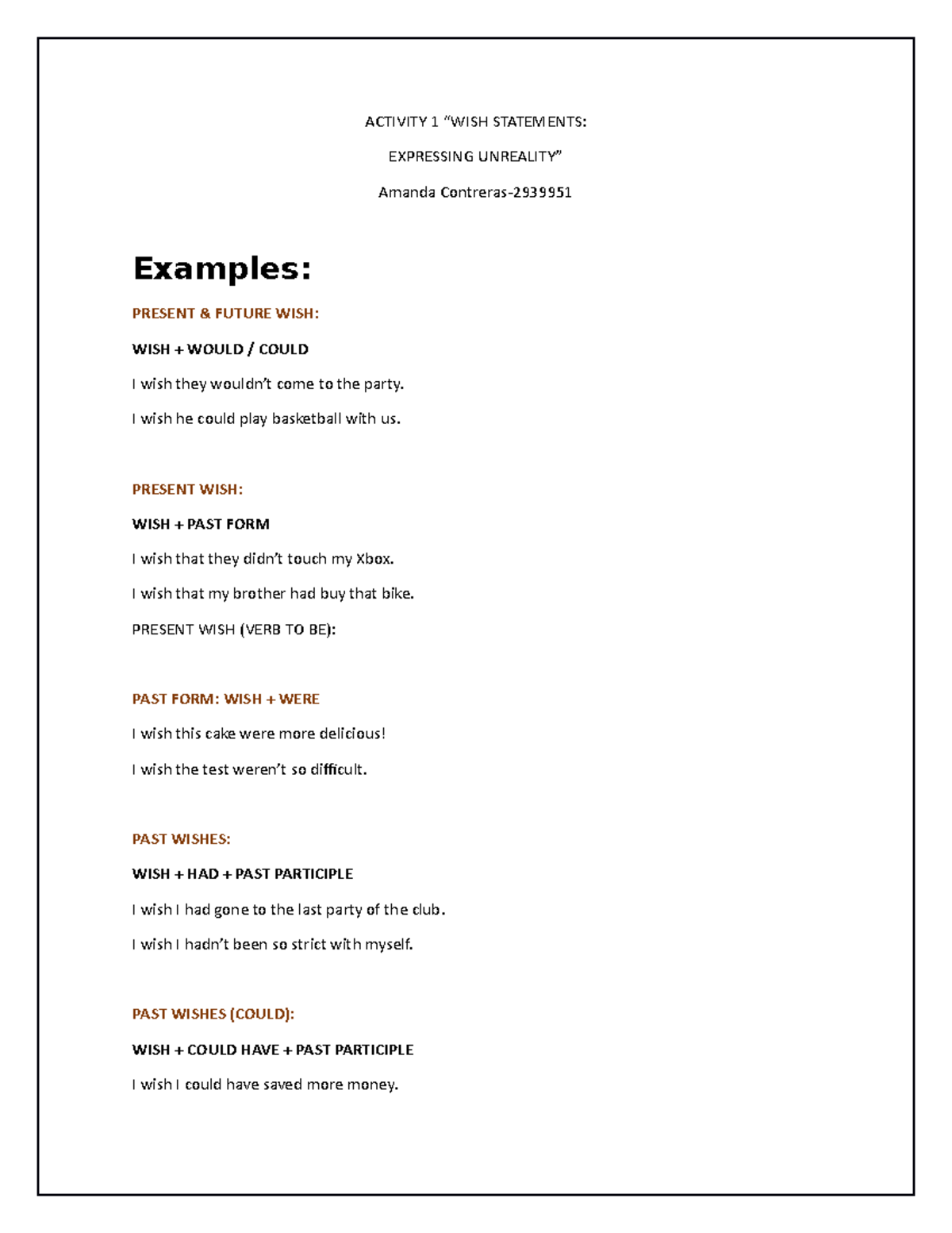 Activity 1 “WISH STATEMENTS: EXPRESSING UNREALITY” - ACTIVITY 1 “WISH ...