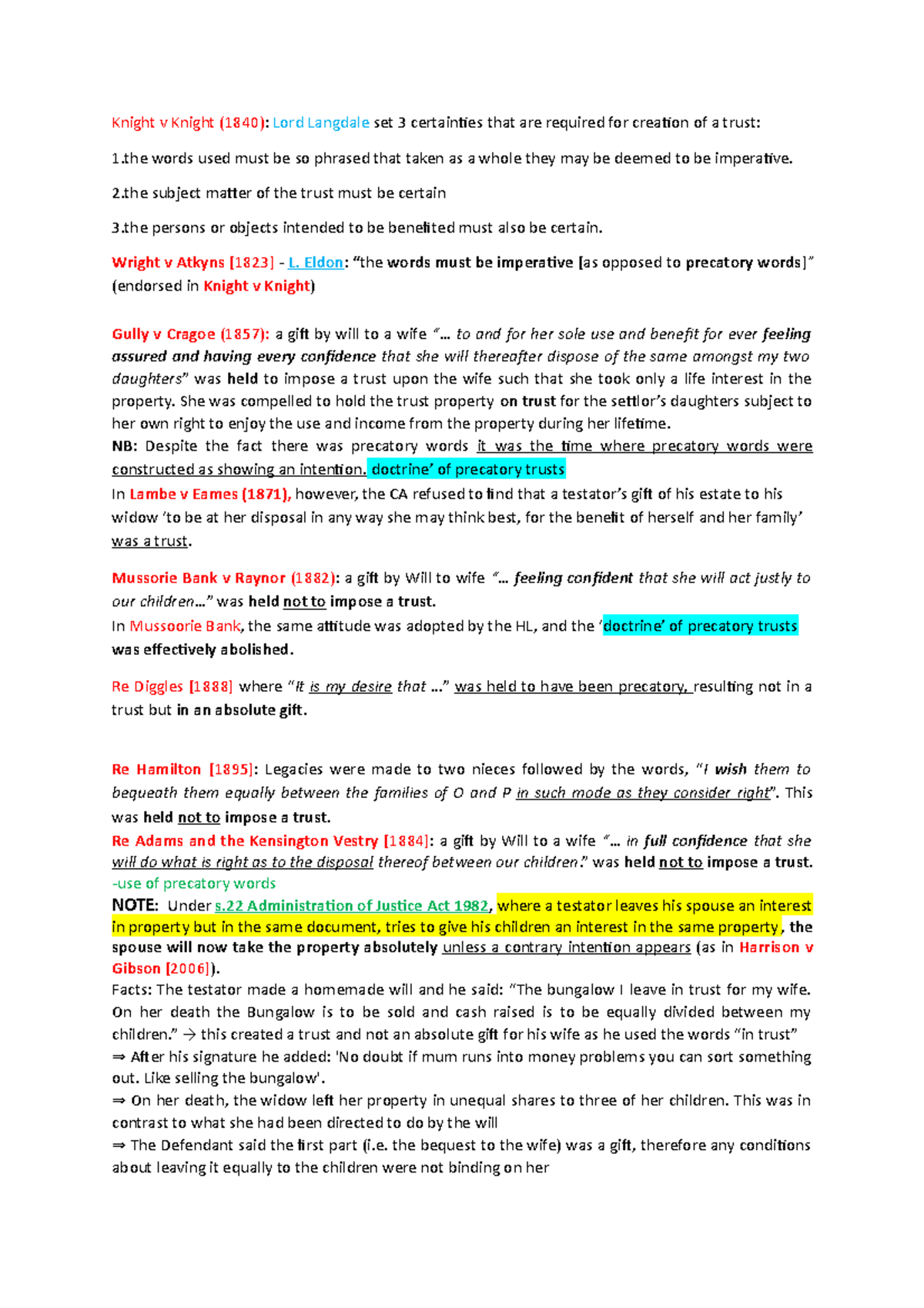 Case law 3 certainties - Lecture notes 2 - Knight v Knight (1840): Lord ...