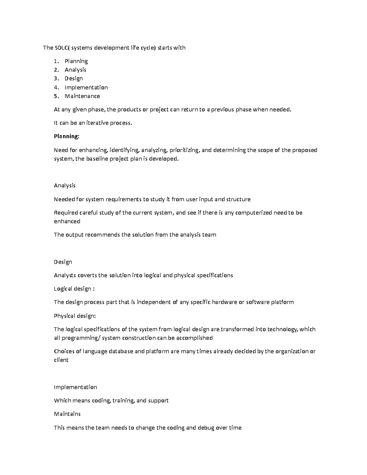 Bus 110b chapter 1 notes - The SDLC( systems development life cycle ...