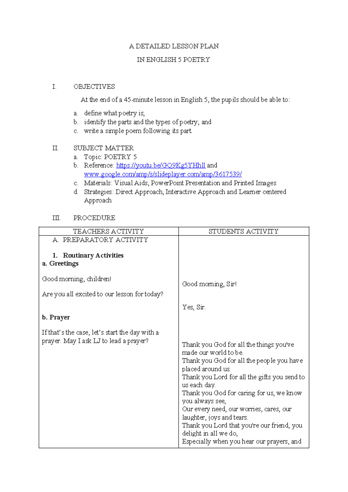 DLP-IN- Poetry - A DETAILED LESSON PLAN IN ENGLISH 5 POETRY I ...