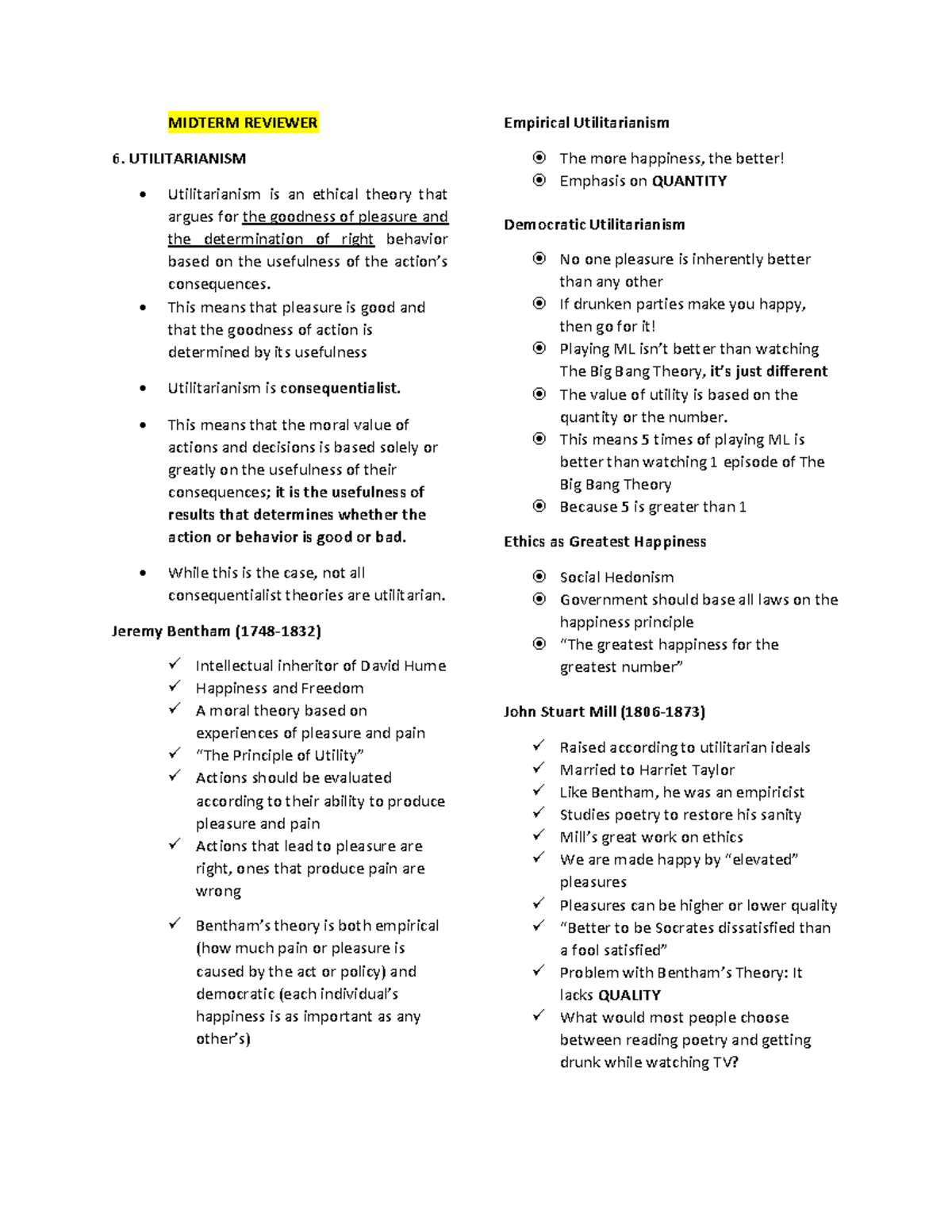 Ethics Midterm Reviewer - MIDTERM REVIEWER 6. UTILITARIANISM ...