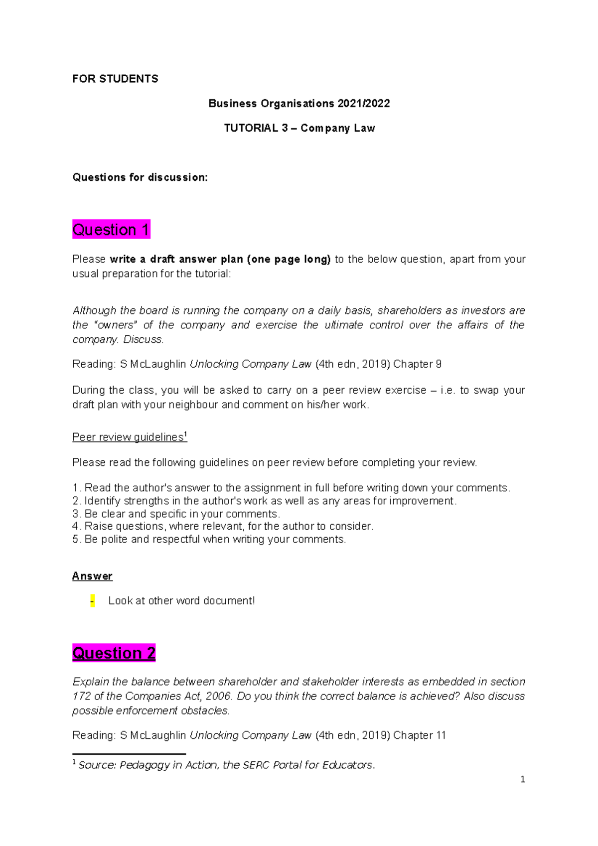 Tutorial 3 on Company Law - FOR STUDENTS Business Organisations 2021 ...