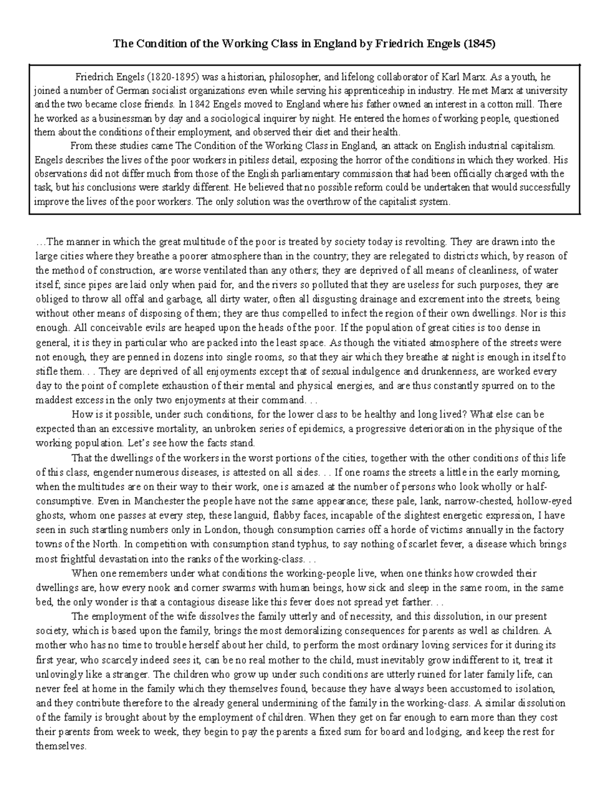 The Condition of the Working Class - . manner in which the great ...