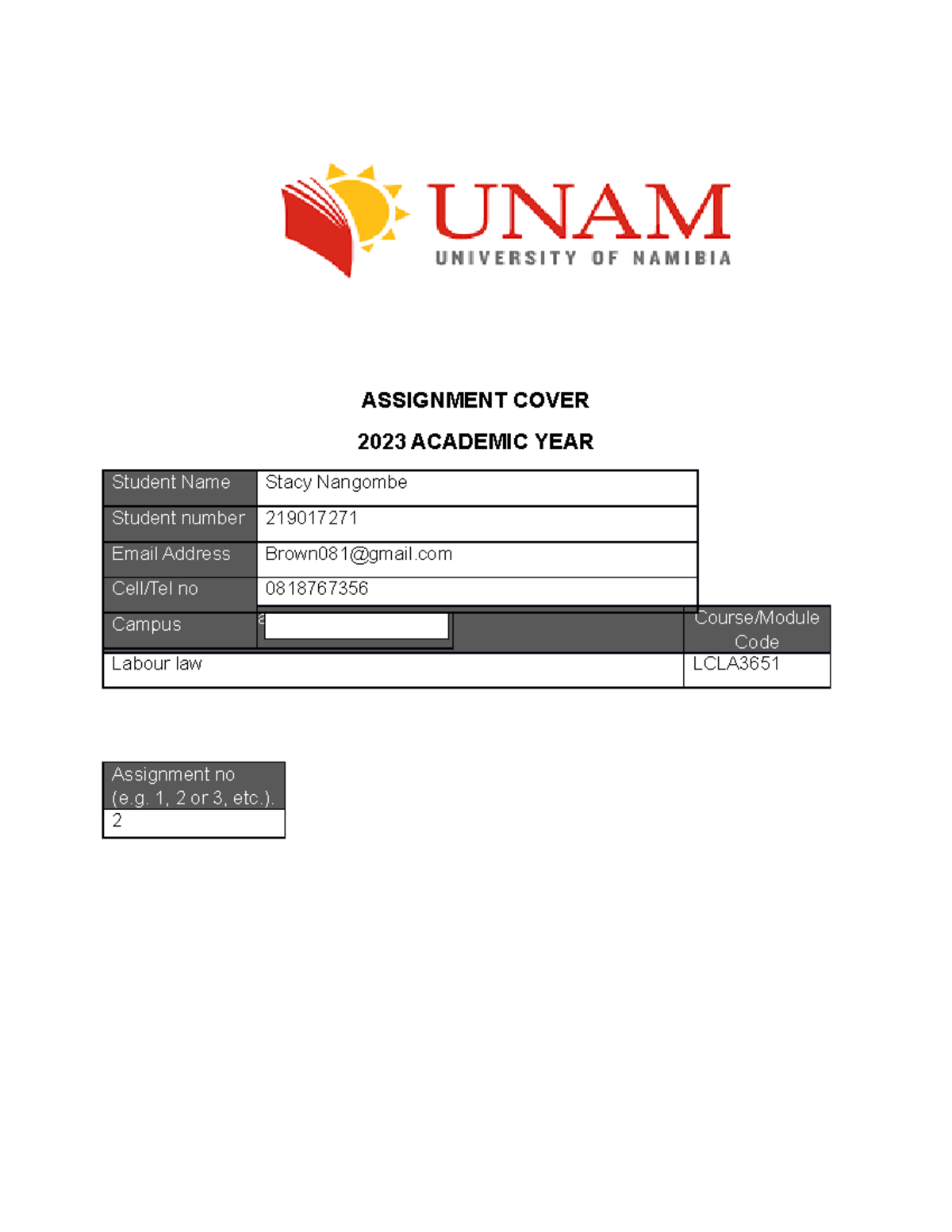 Labour law assignment 2 2023 - ASSIGNMENT COVER 2023 ACADEMIC YEAR ...