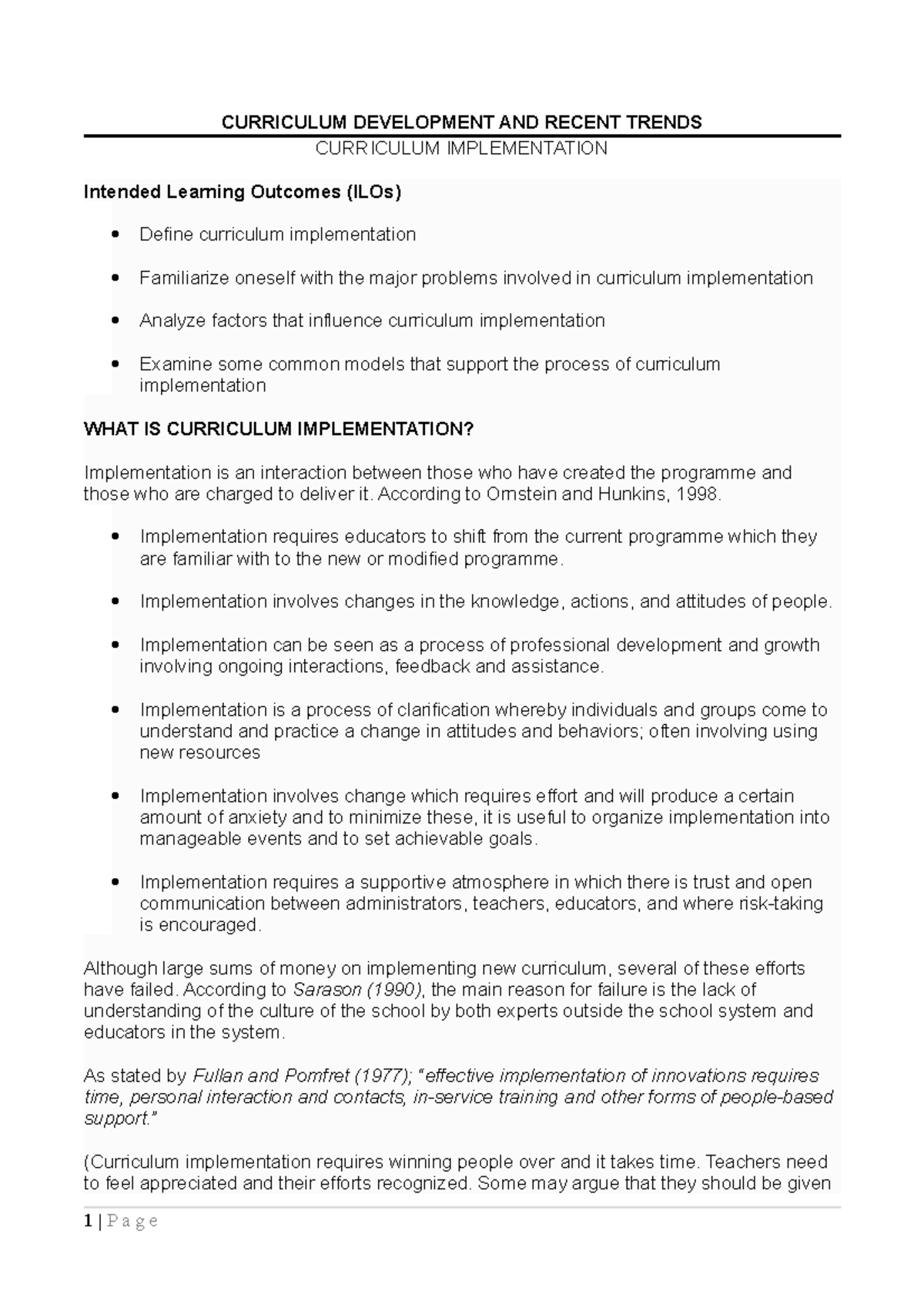 Curriculum Implementation CURRICULUM DEVELOPMENT AND RECENT TRENDS 