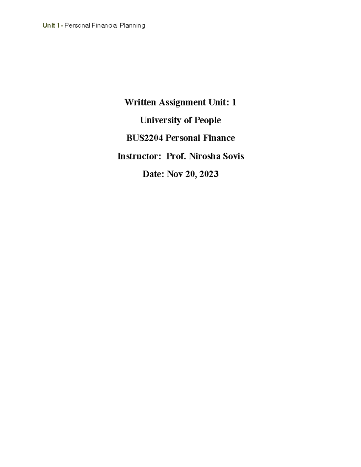 Unit 1- Personal Financial Planning - Unit 1- Personal Financial ...