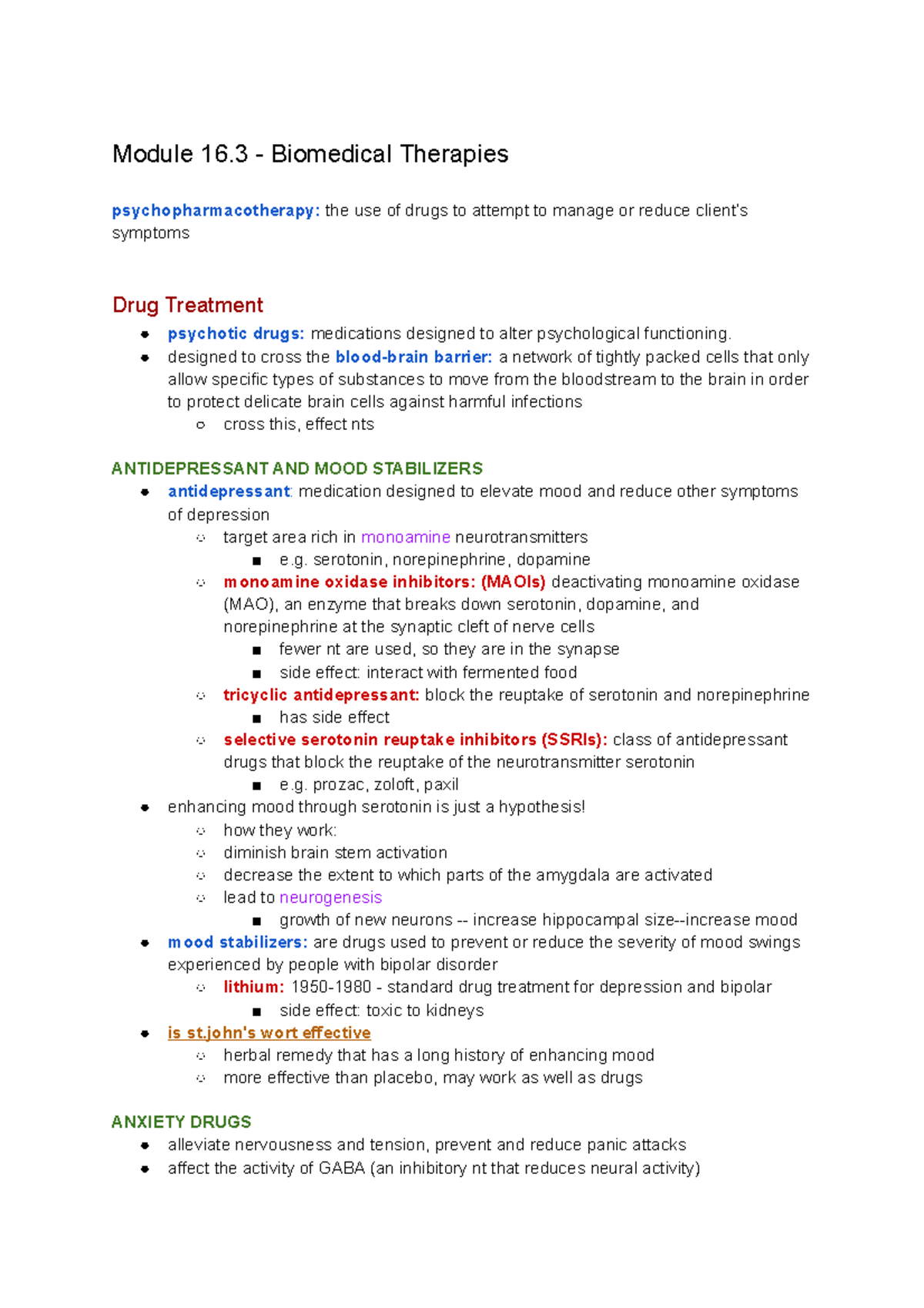 PSY100H1 UTSG Reading Notes Module 16.3 - Biomedical Therapies - Module ...