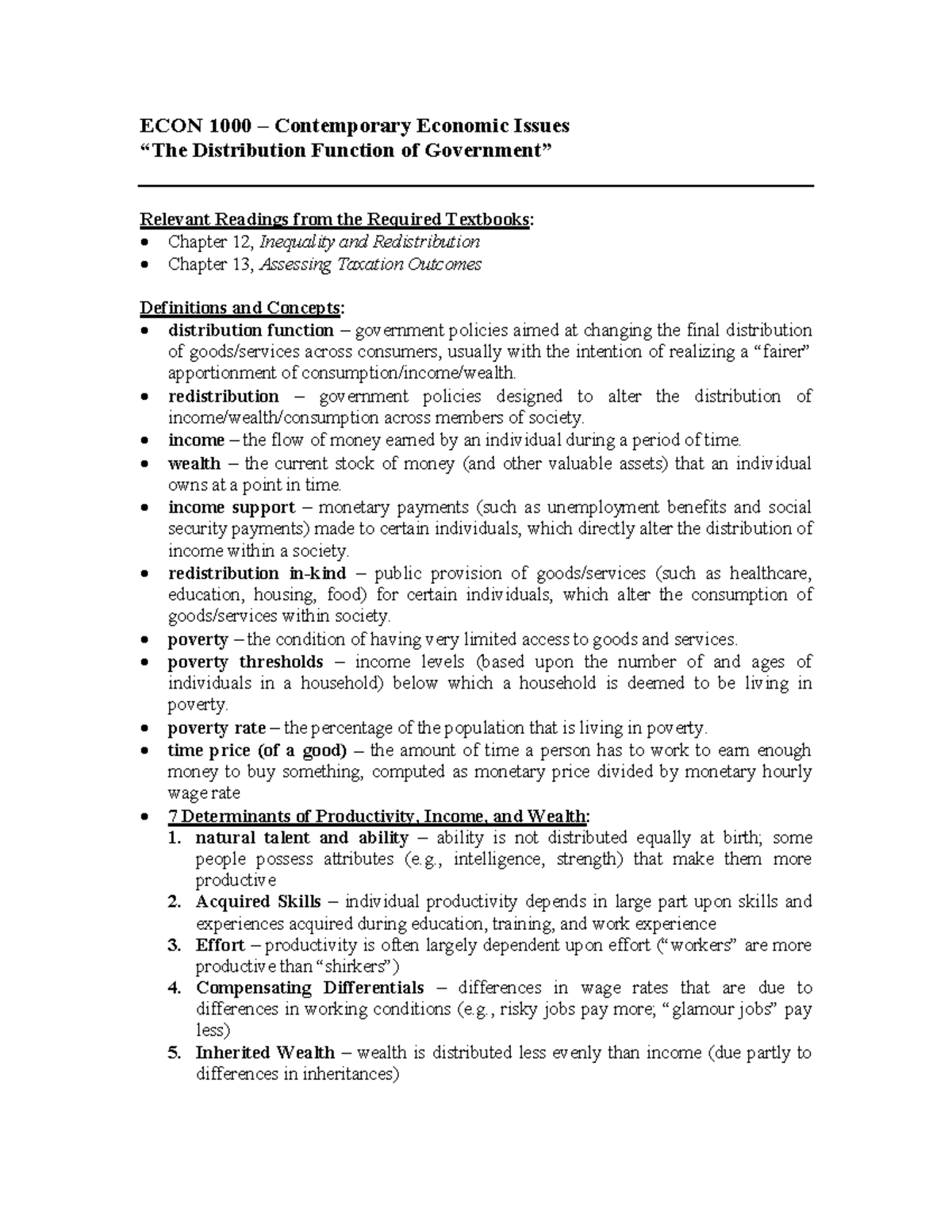 Study guide - ECON 1000 – Contemporary Economic Issues “The ...