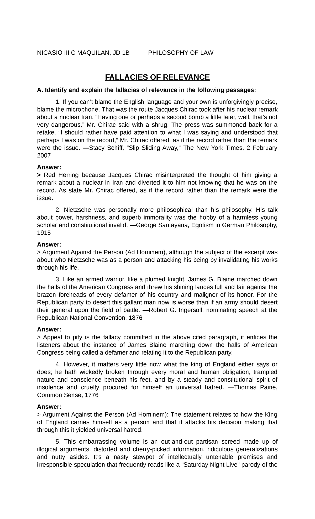 Fallacies of Relevance - NICASIO III C MAQUILAN, JD 1B PHILOSOPHY OF ...