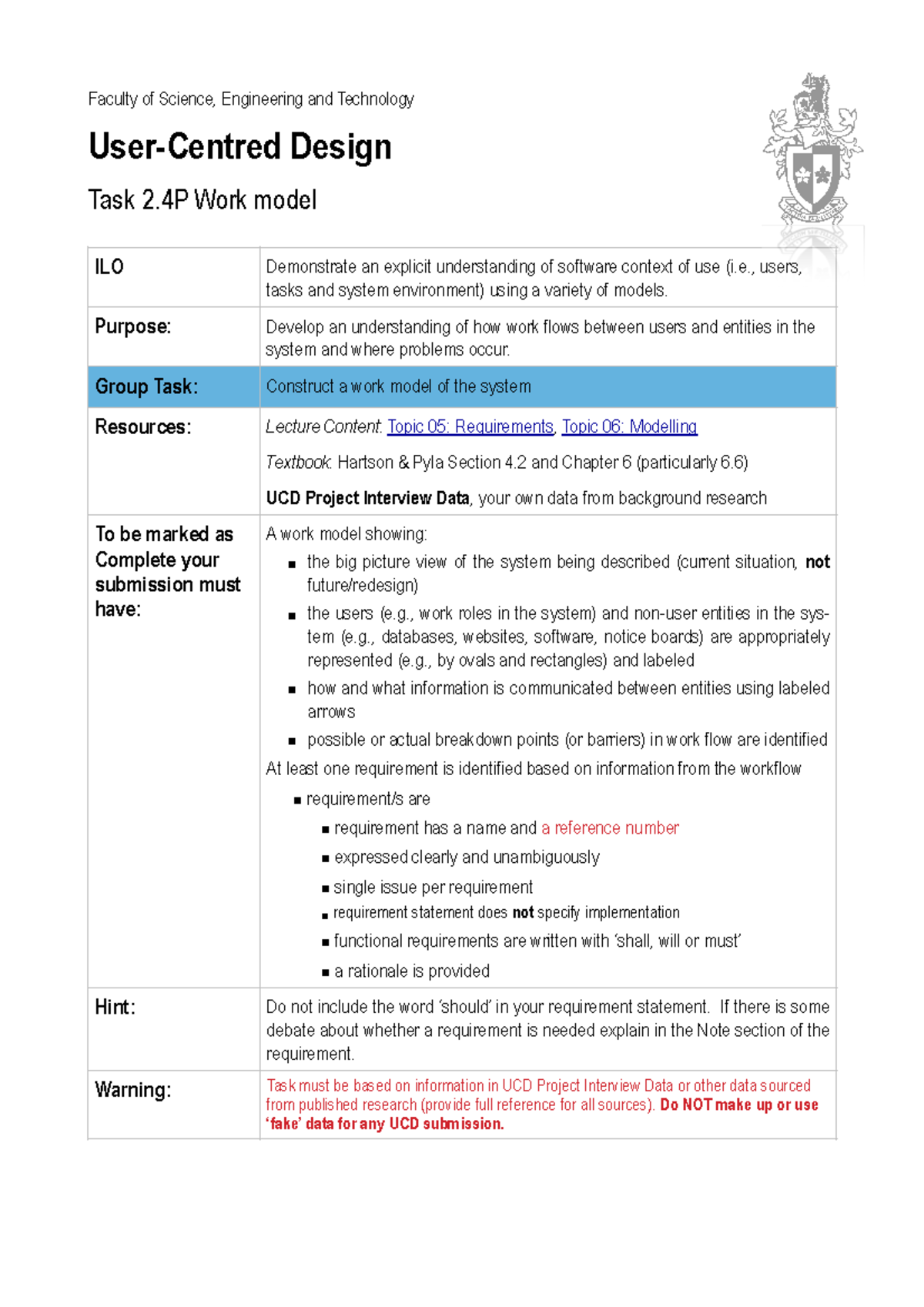 UCD 2 - tut work - Faculty of Science, Engineering and Technology User ...