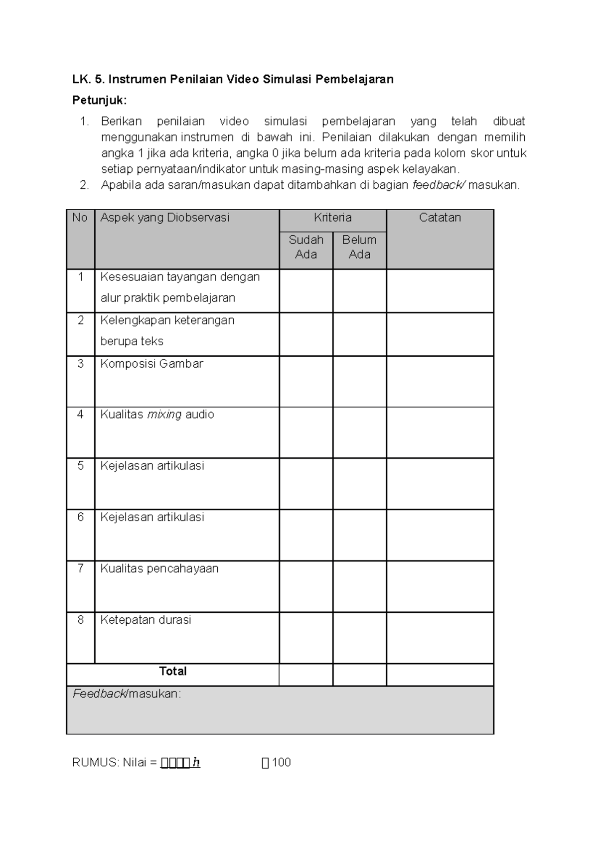 LK. 5 - lk 5 - LK. 5. Instrumen Penilaian Video Simulasi ...
