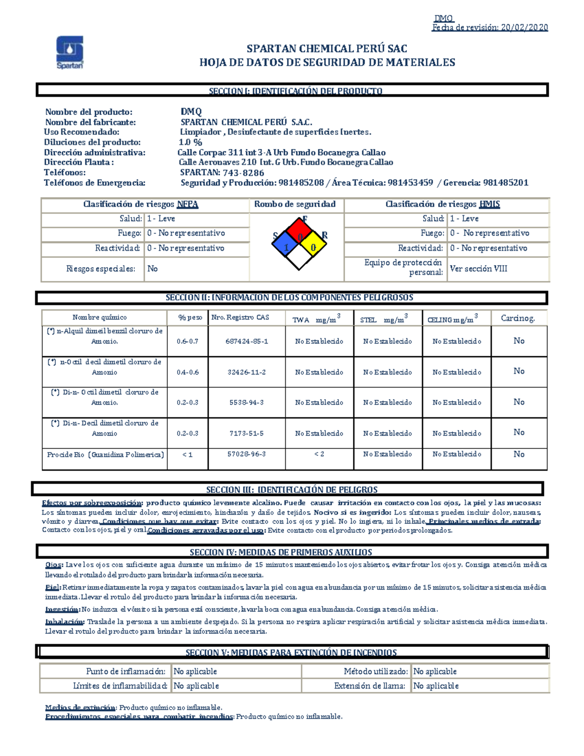 DMQ-MSDS - msds para industrias alimentos - DMQ Fecha de revisiÛn: 20 ...