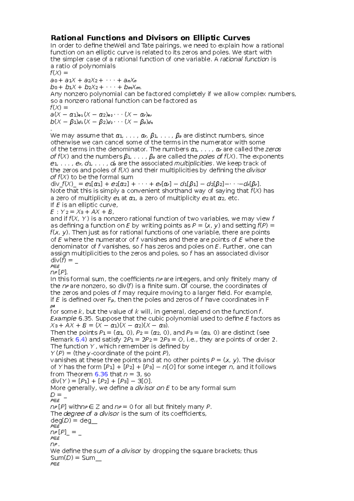 Rational Functions And Divisors On Elliptic Curves We Start With The Simpler Case Of A