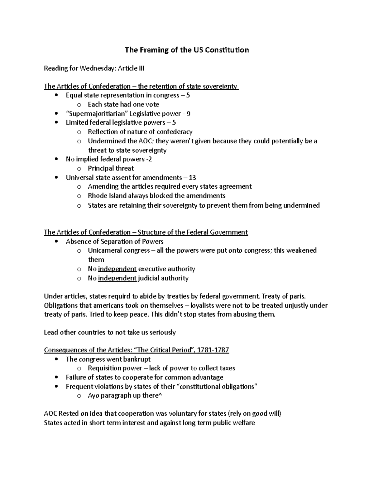 Framing of the Constitution Lecture Notes - The Framing of the US ...