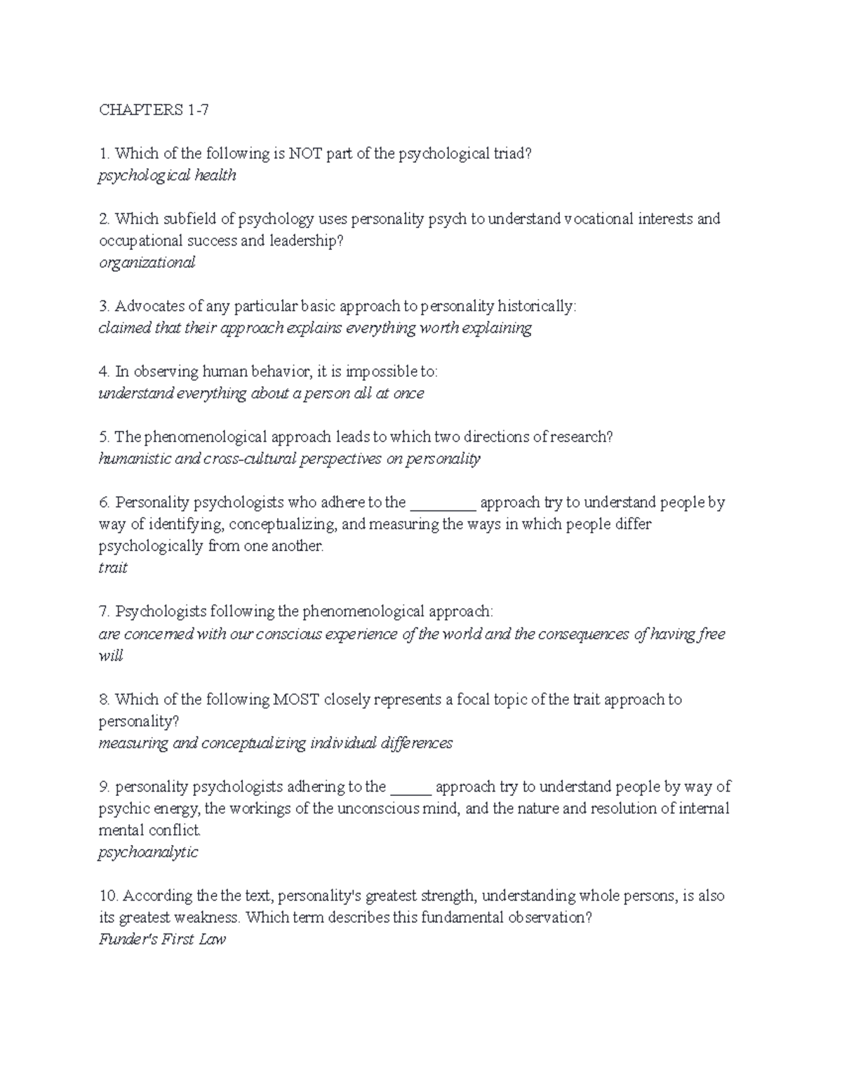 Theories of Personality Exam 1 Study Guide - CHAPTERS 1- Which of the ...