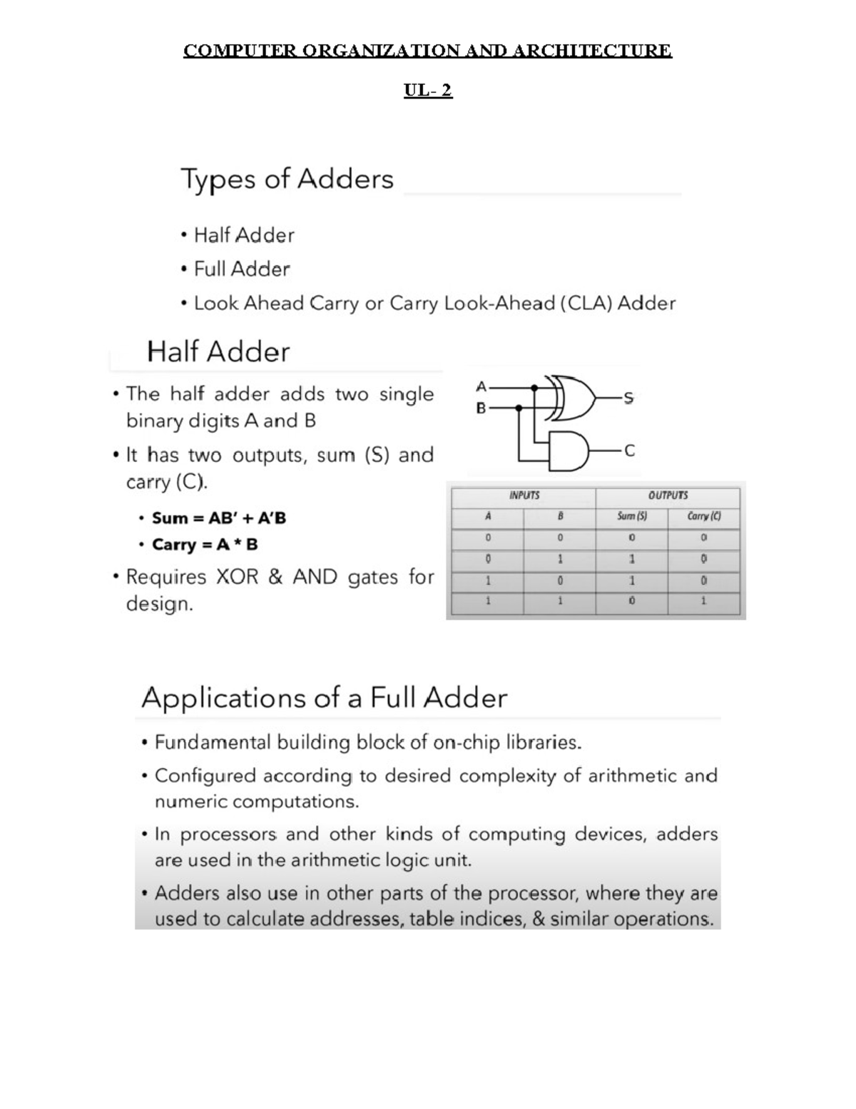 Coa Class Notes Ul 2 27112023 Computer Organization And Architecture Computer Organization And