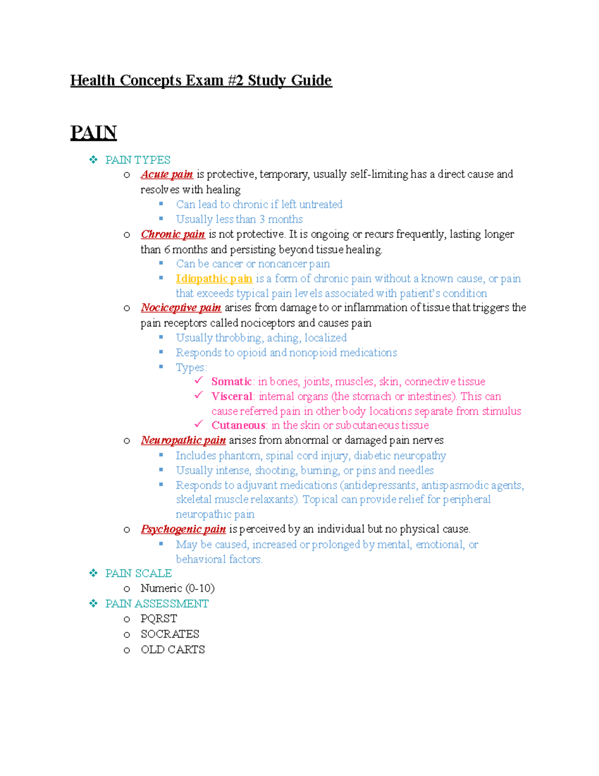Exam 2 study guide - Notes - Health Concepts Exam #2 Study Guide PAIN ...