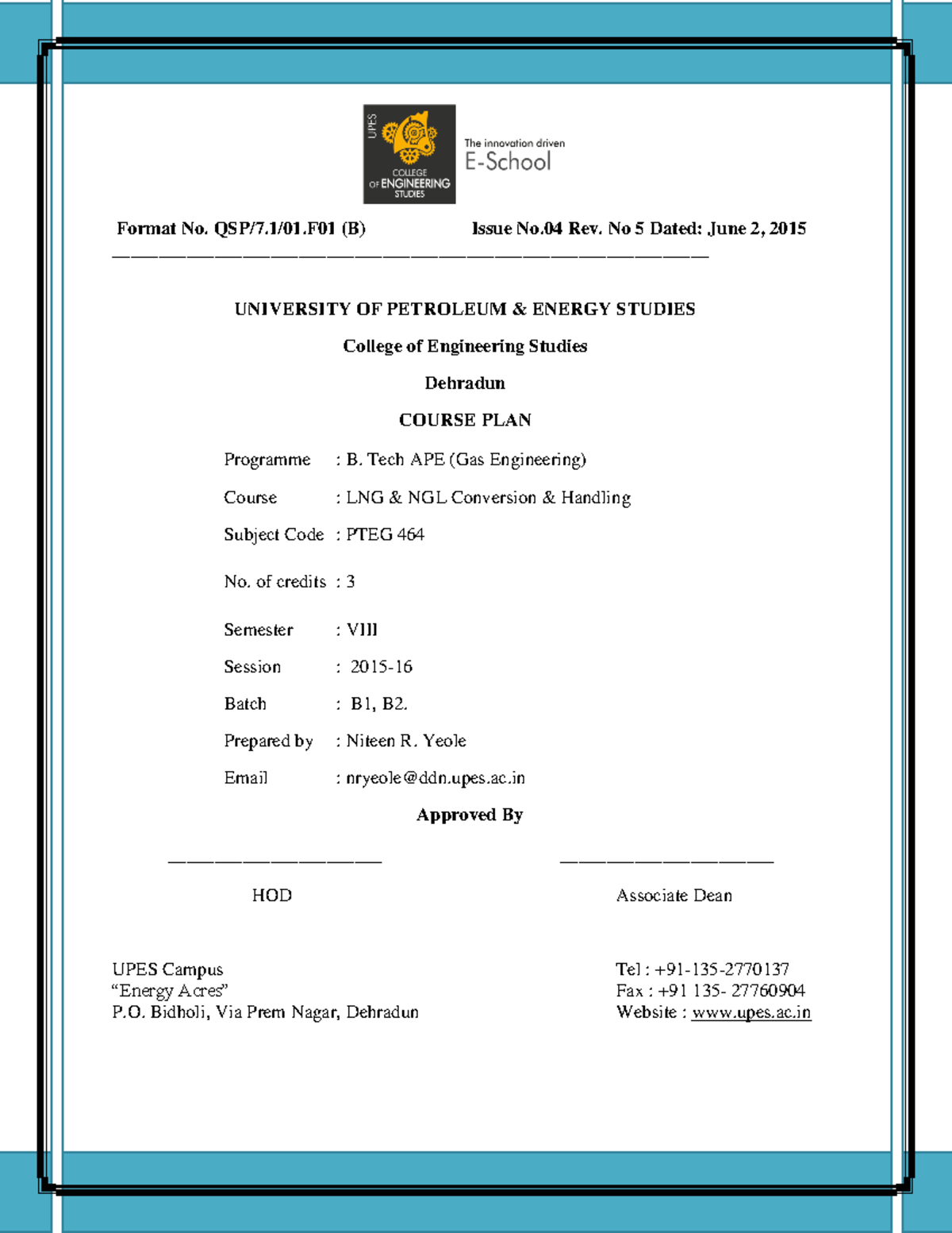 CP LNG NGL APE Gas VIII Tentative - Format No. QSP/7.1/01 (B) Issue No ...