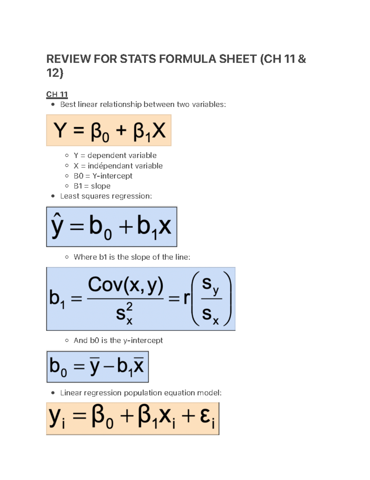 Review for Stats Formula Sheet (CH 11 & 12) - REVIEW FOR STATS FORMULA ...