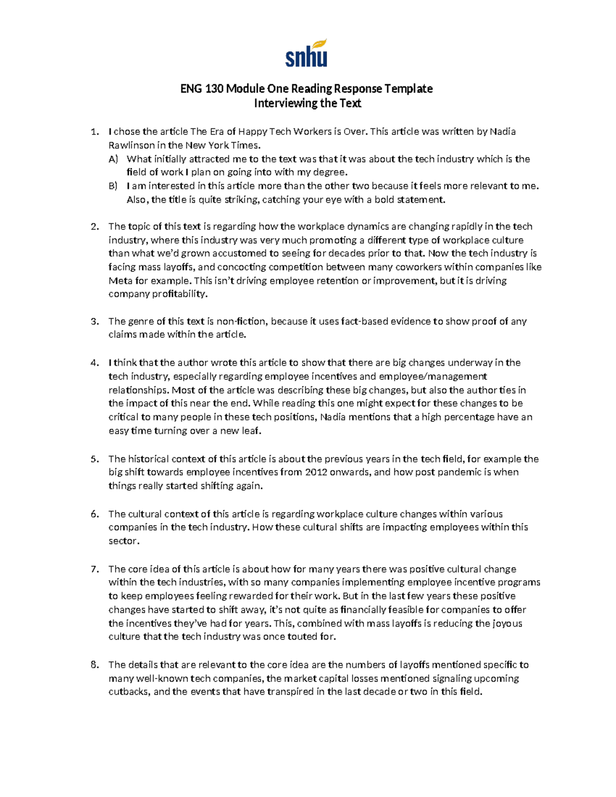 ENG 130 Module One Reading Response - I chose the article The Era of ...