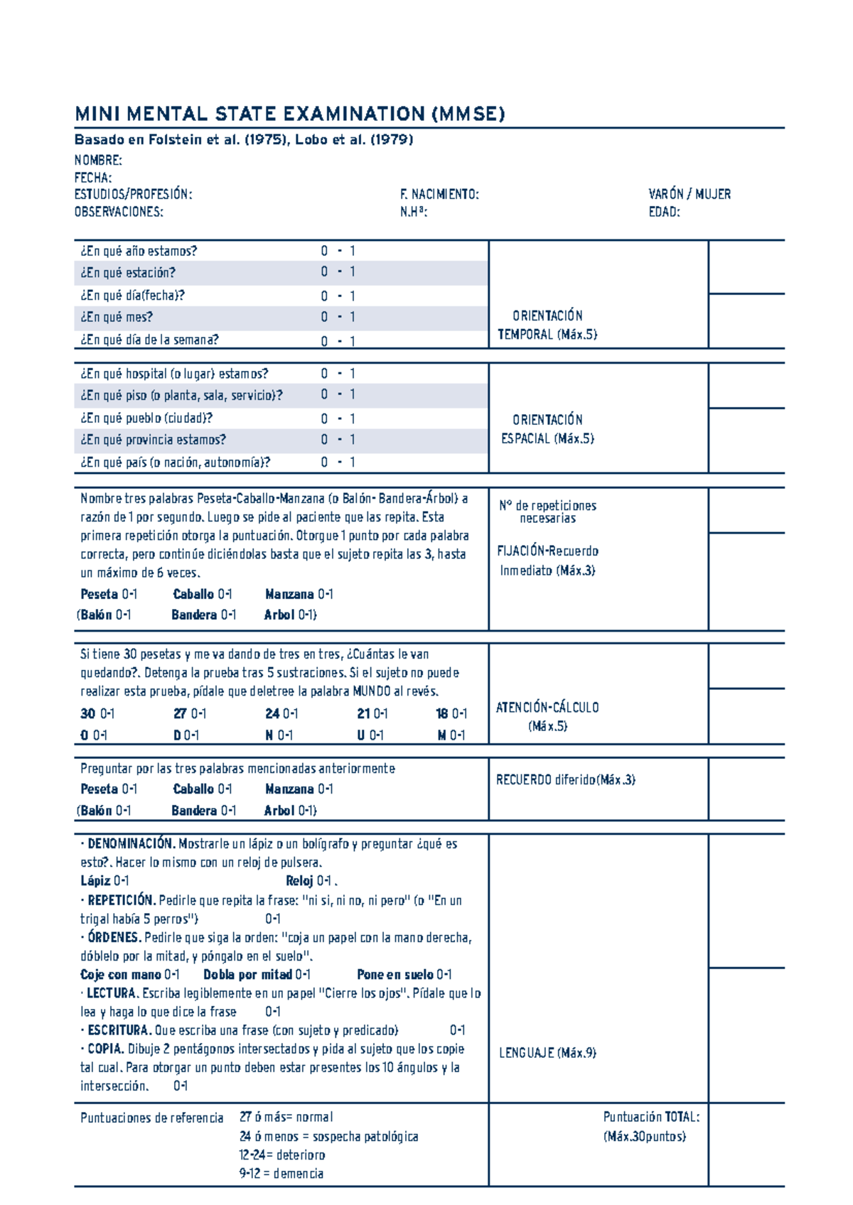 Minimental- Esquema - www - MINI MENTAL STATE EXAMINATION (MMSE) Basado en Folstein et al. (1975 ...