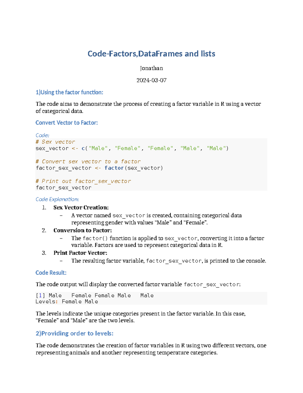 Introduction part 2 - Command summaries - Code-Factors,DataFrames and lists Jonathan 2024-03 ...