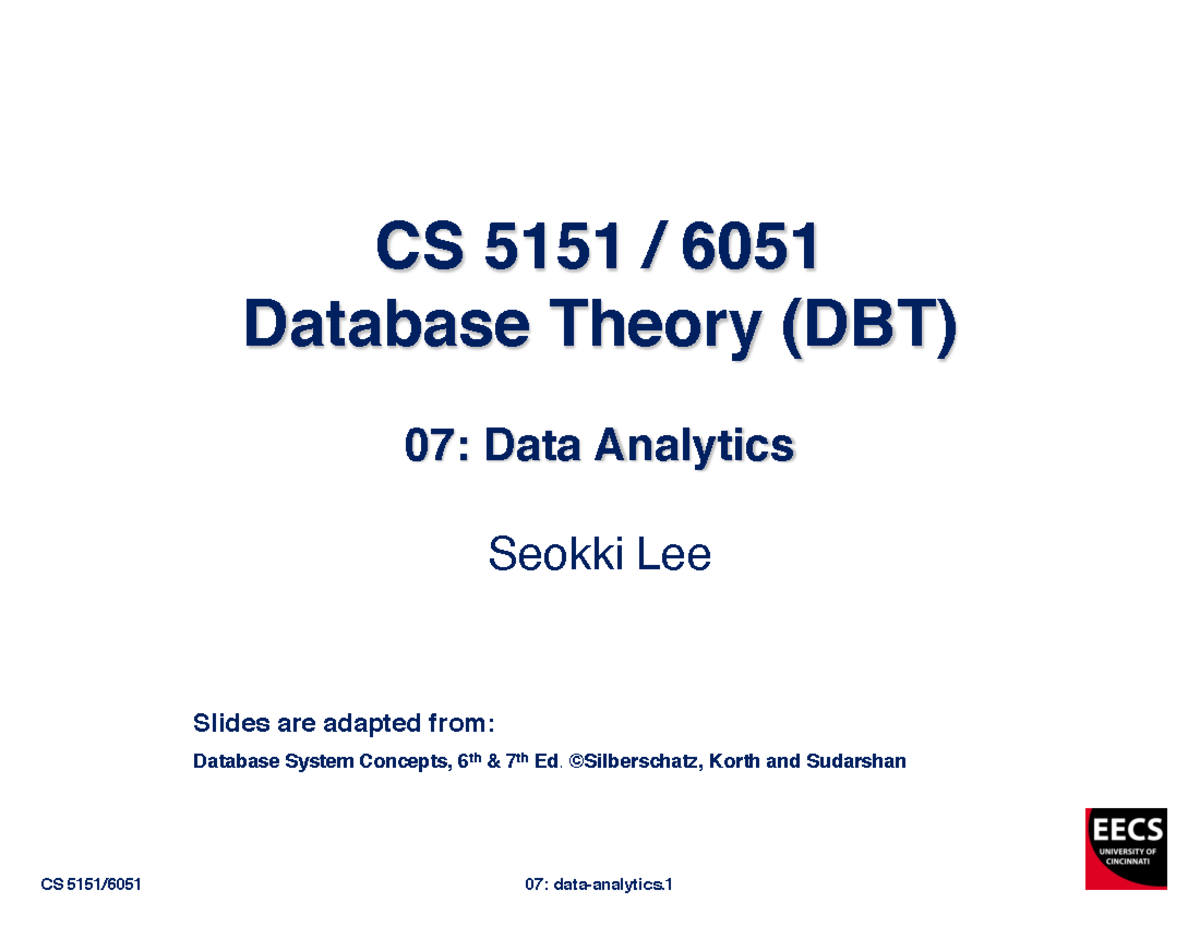 07 Data Analytics Data Analytics Notes Slides Are Adapted From Database System Concepts
