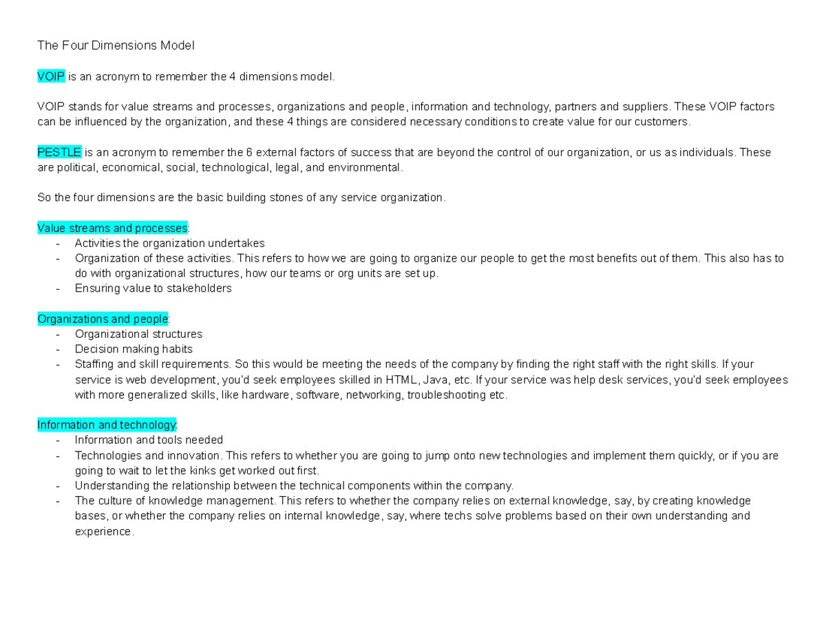 The Four Dimensions Model - VOIP stands for value streams and processes ...