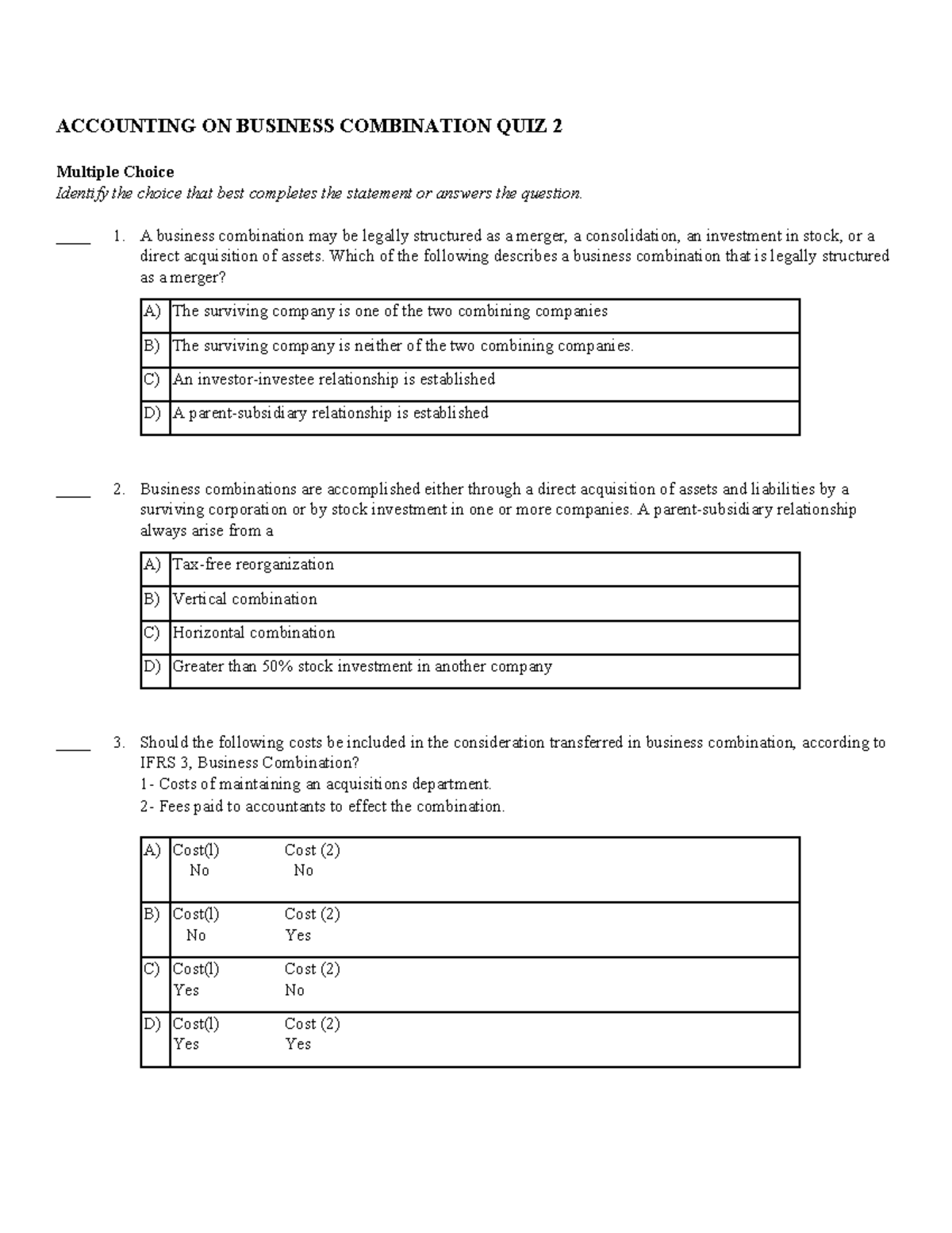 Business Combi HOBA - ACCOUNTING ON BUSINESS COMBINATION QUIZ 2 ...