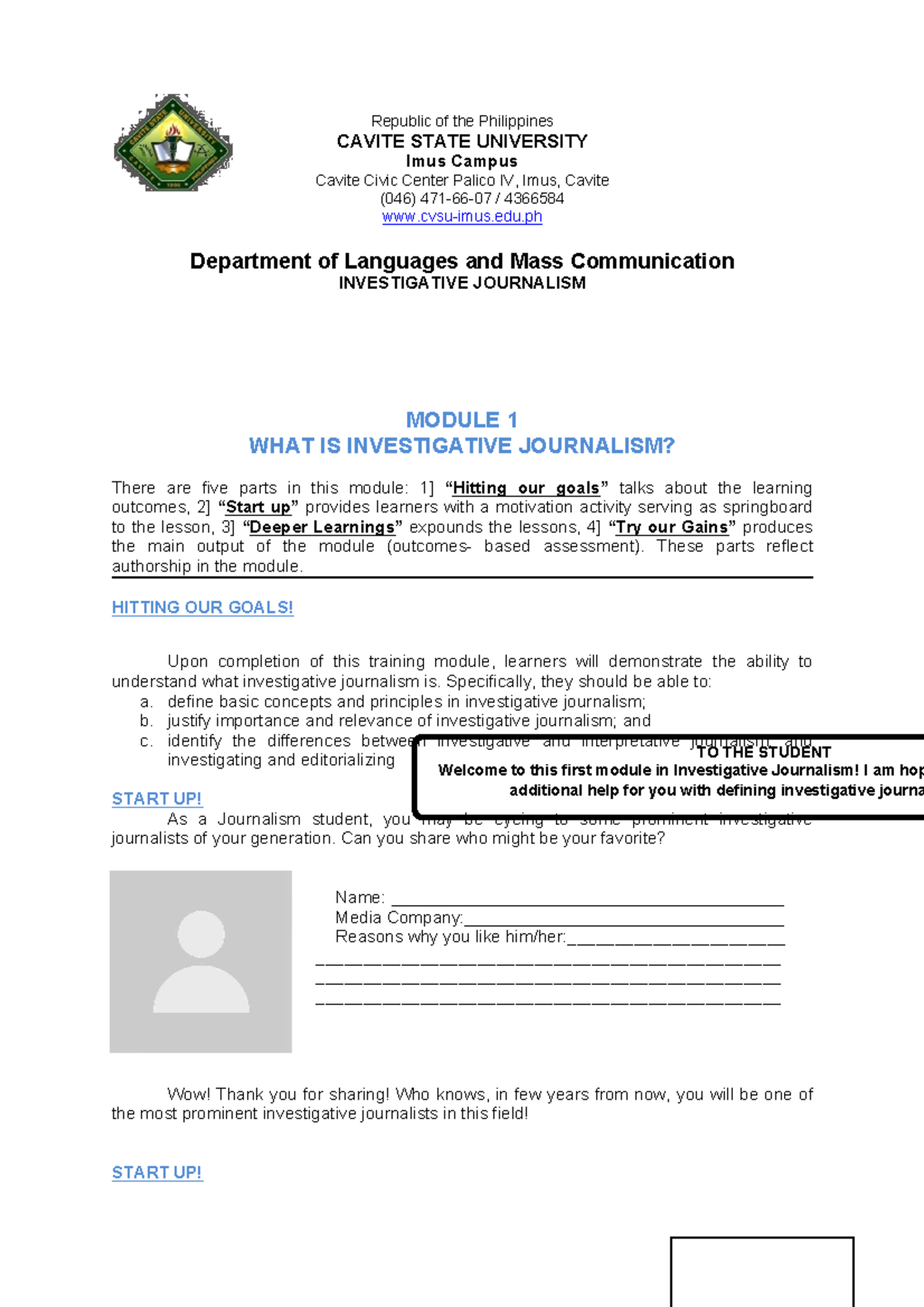 JOUR 110 Module Activity - TO THE STUDENT Welcome to this first module ...