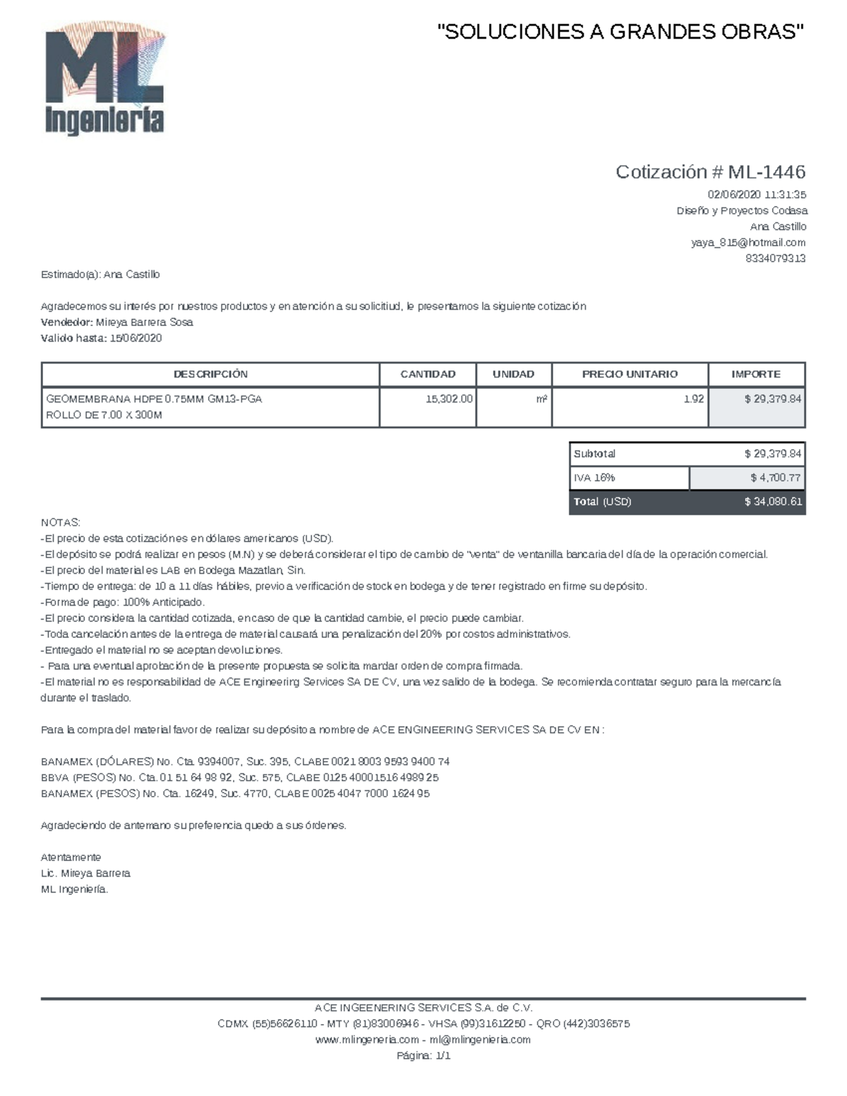 Geomembrana para construcciones - Cotización # ML- 02/06/2020 11:31: Diseño y Proyectos Codasa ...