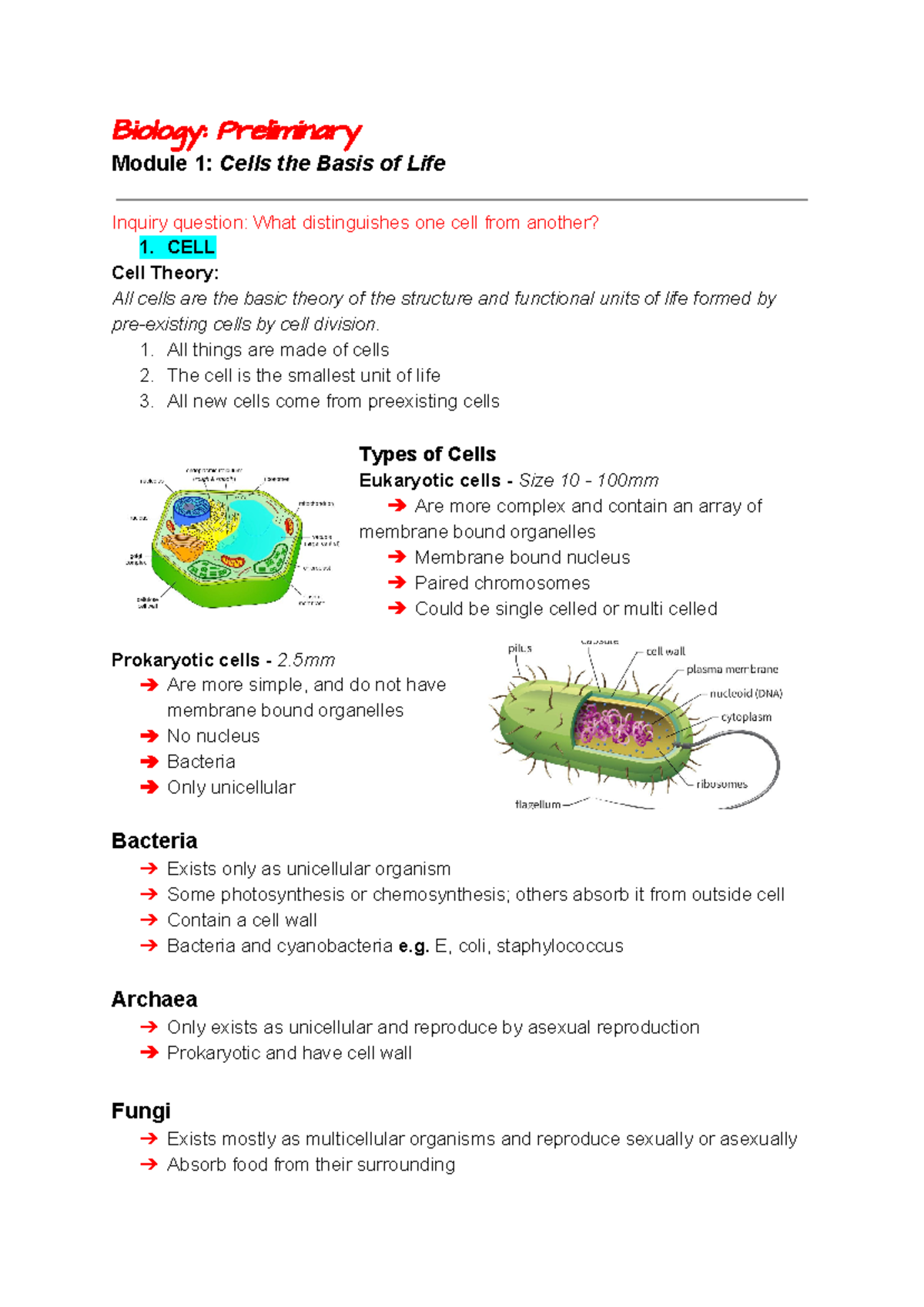 Module 1 - All Notes - Biology: Preliminary Module 1: Cells the Basis ...