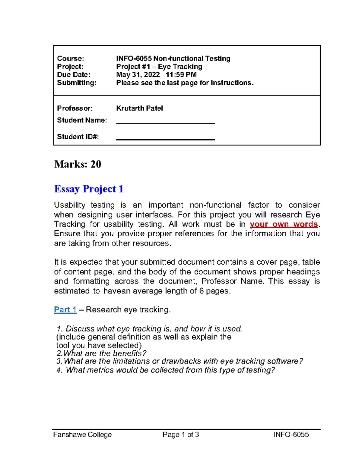 INFO6055-22S Project 1 - Essay Eye Tracking - Fanshawe College Page 1 ...