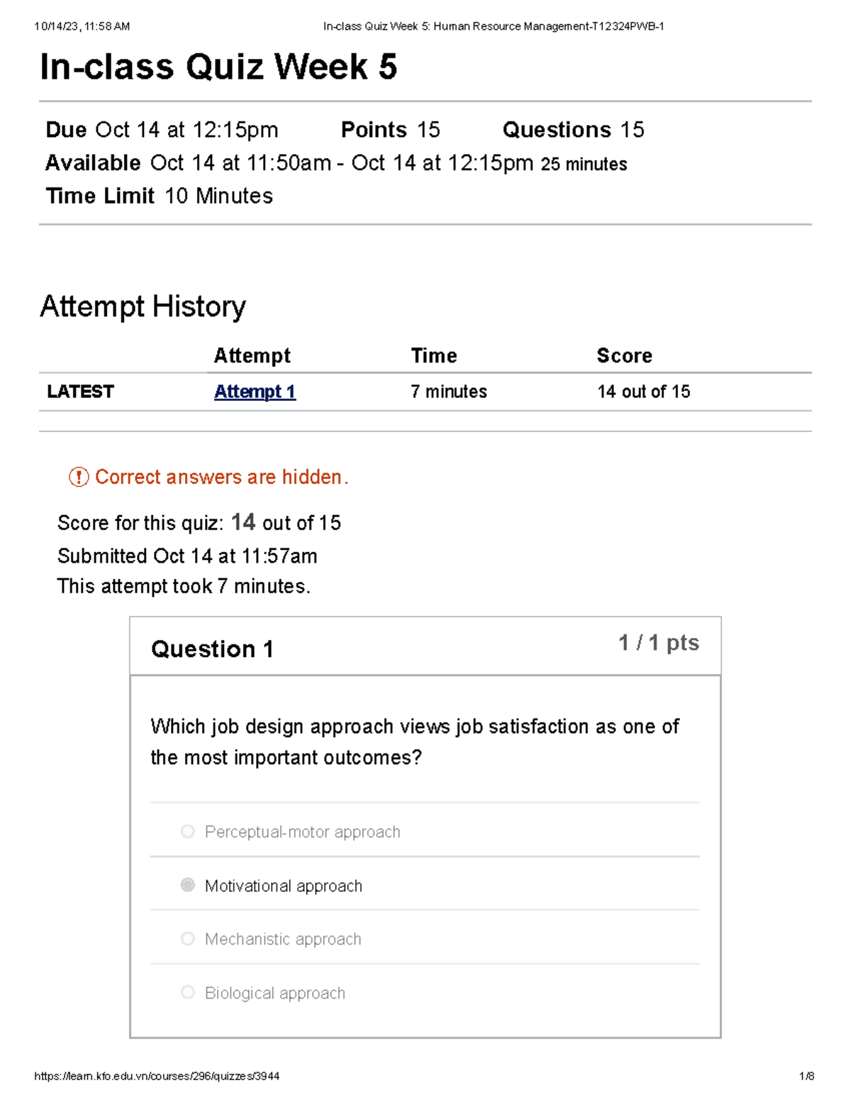 In-class Quiz Week 5 Human Resource Management-T12324 PWB-1 - In-class Quiz Week 5 Due Oct 14 at ...