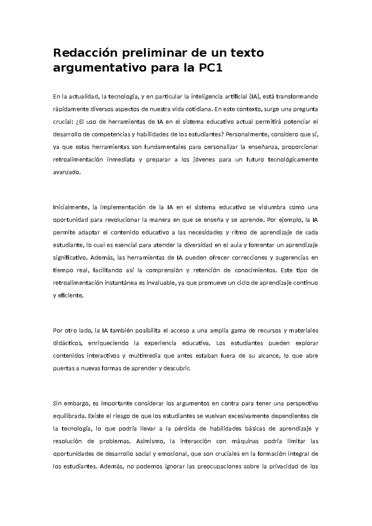 Redacción preliminar de un texto argumentativo para la PC1 - Redacción preliminar de un texto ...